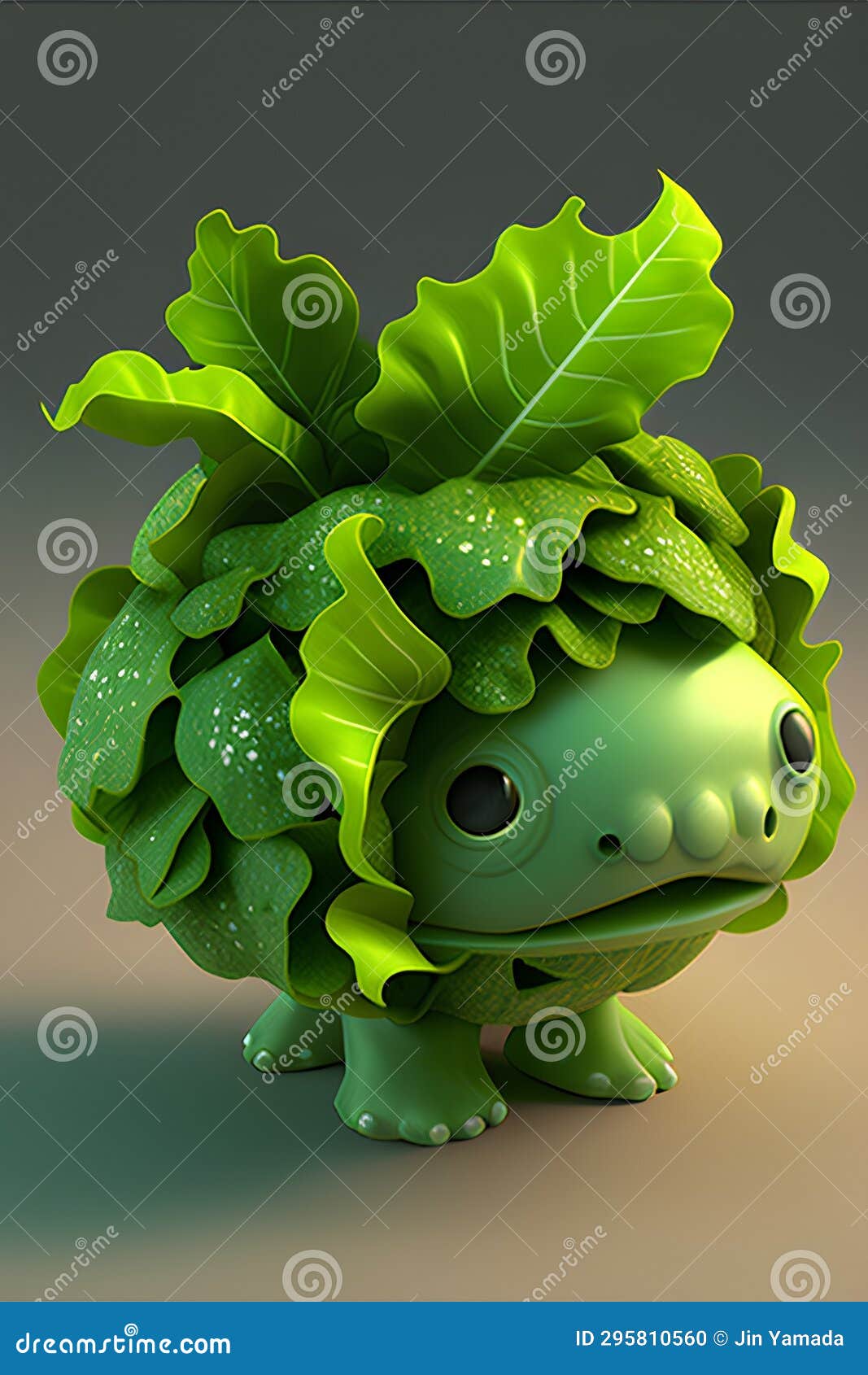 Cute Green Monster with Lettuce and Leaves. 3D Illustration Stock ...