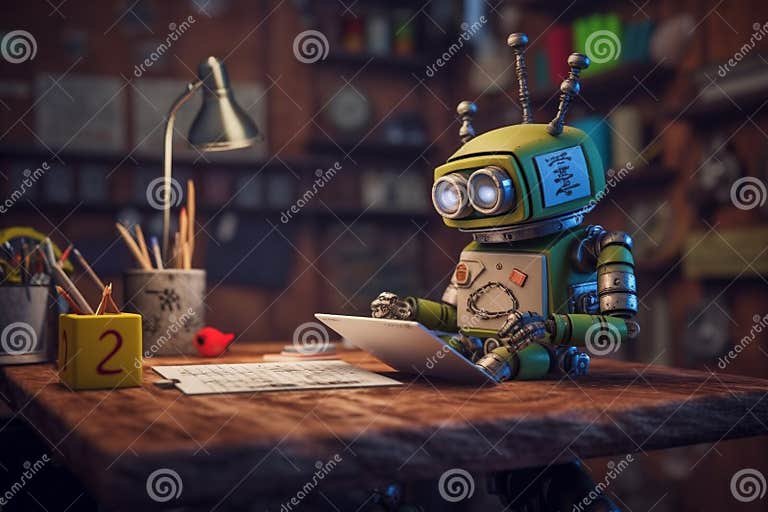 Cute Green Robot Doing Homework Sitting on a Table, Generative AI Stock ...