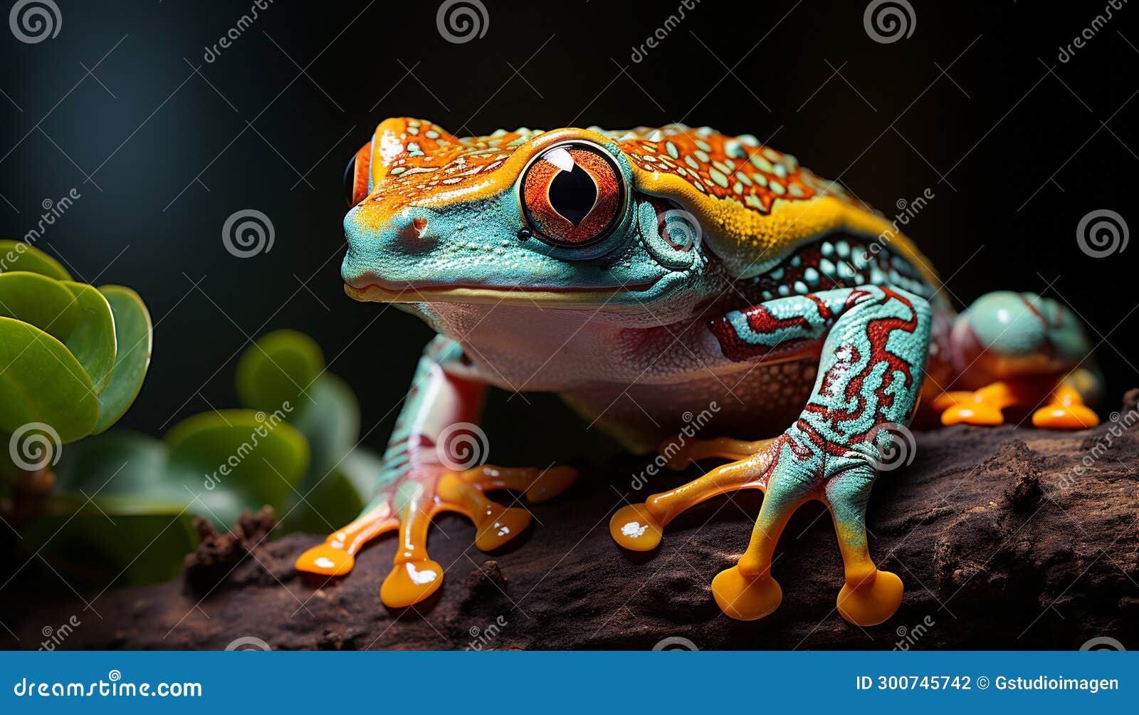 Cute Green Toad Sitting on Wet Leaf, Looking Away Generated by AI Stock ...