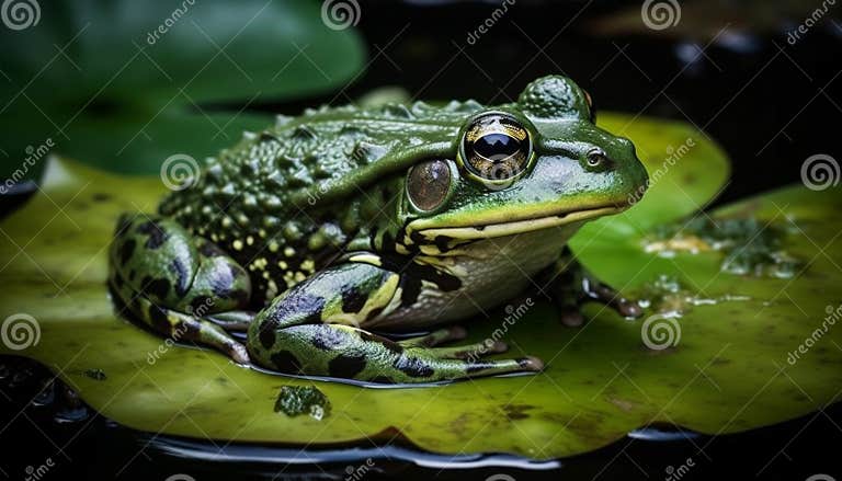 A Cute Green Toad Sitting on a Wet Leaf, Looking Generated by AI Stock ...
