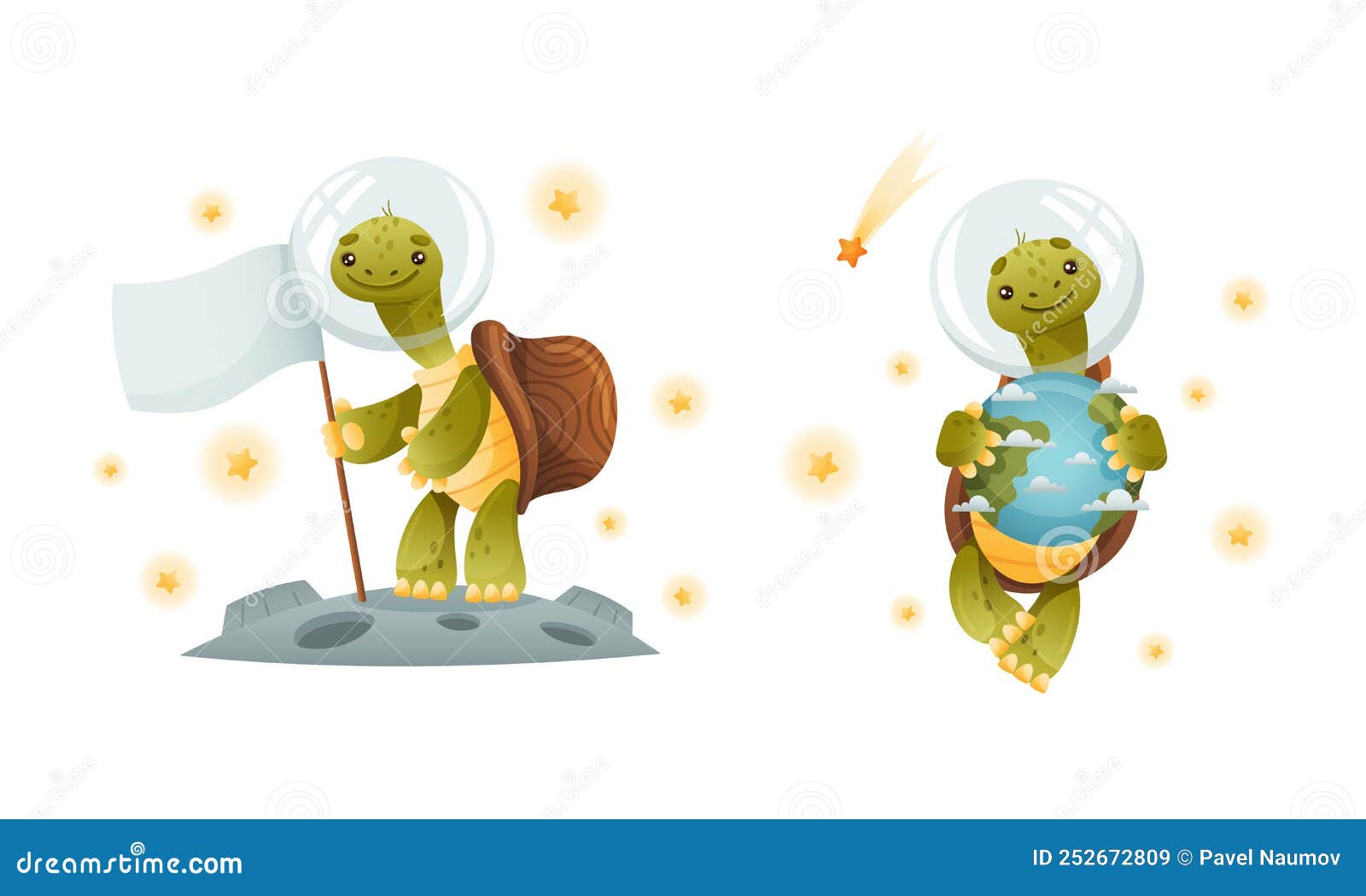 Cute Green Turtle in Outer Space with Flag on Moon Surface and Floating ...