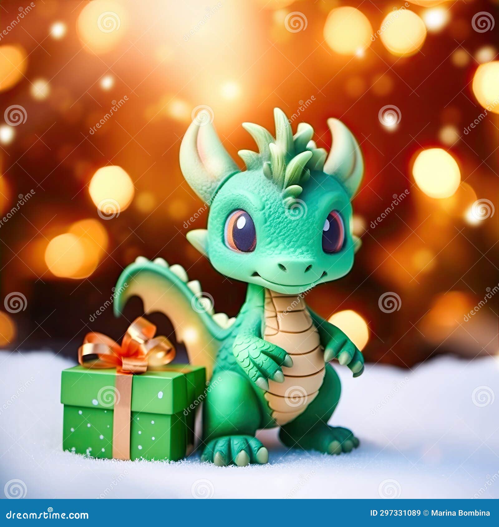 Cute Green Wooden Dragon with Gift Box Stock Image - Image of year ...