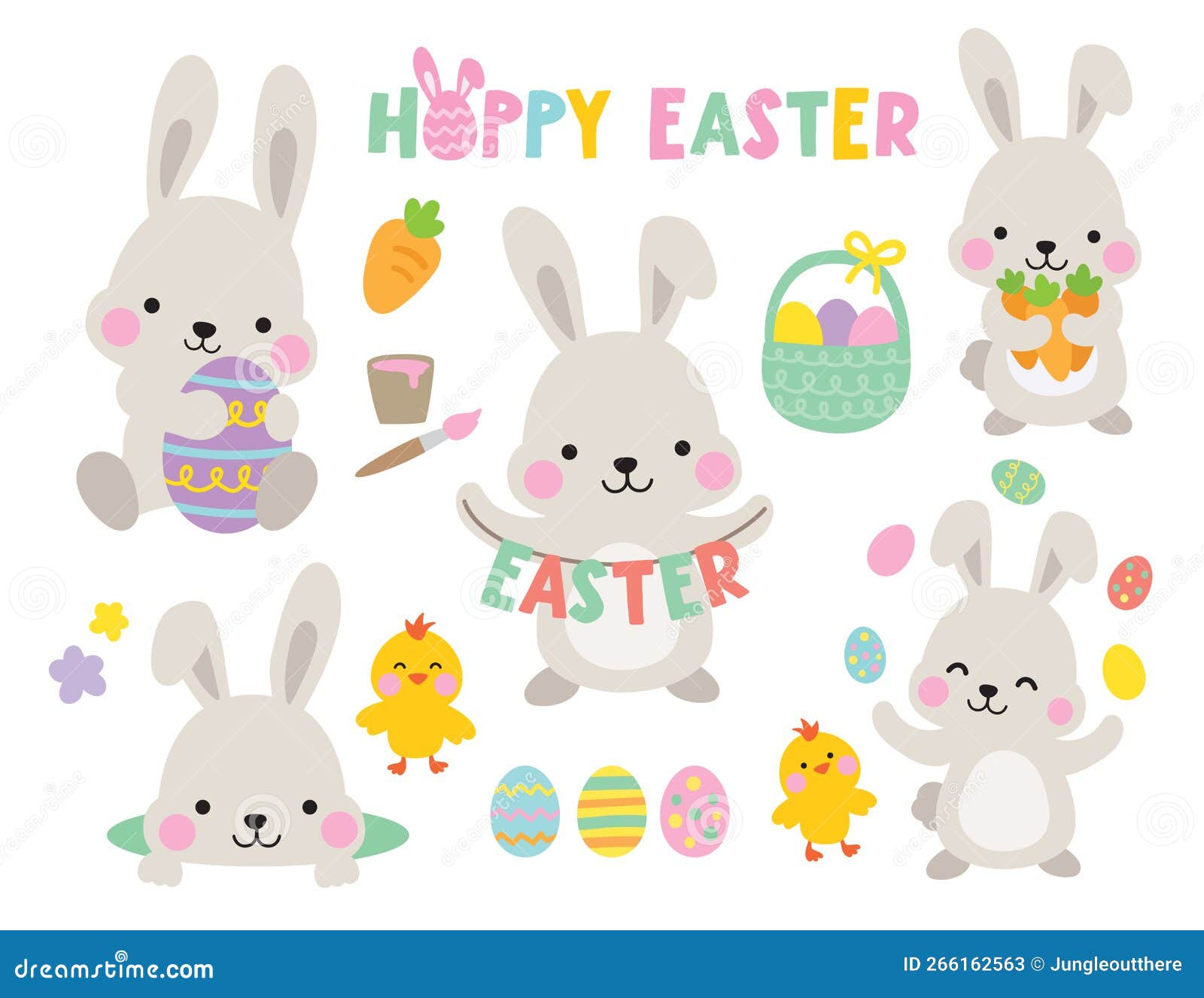 Grey Easter Bunny Rabbits with Chicks and Easter Eggs Vector ...