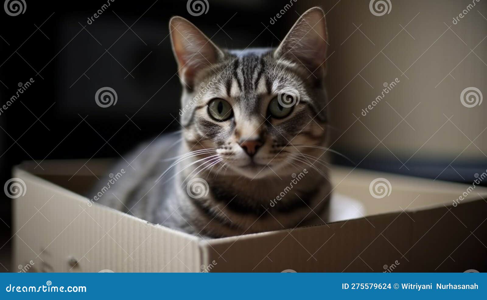 Cute Grey Tabby Cat in Cardboard Box on Floor at Home. Cardboard Box ...