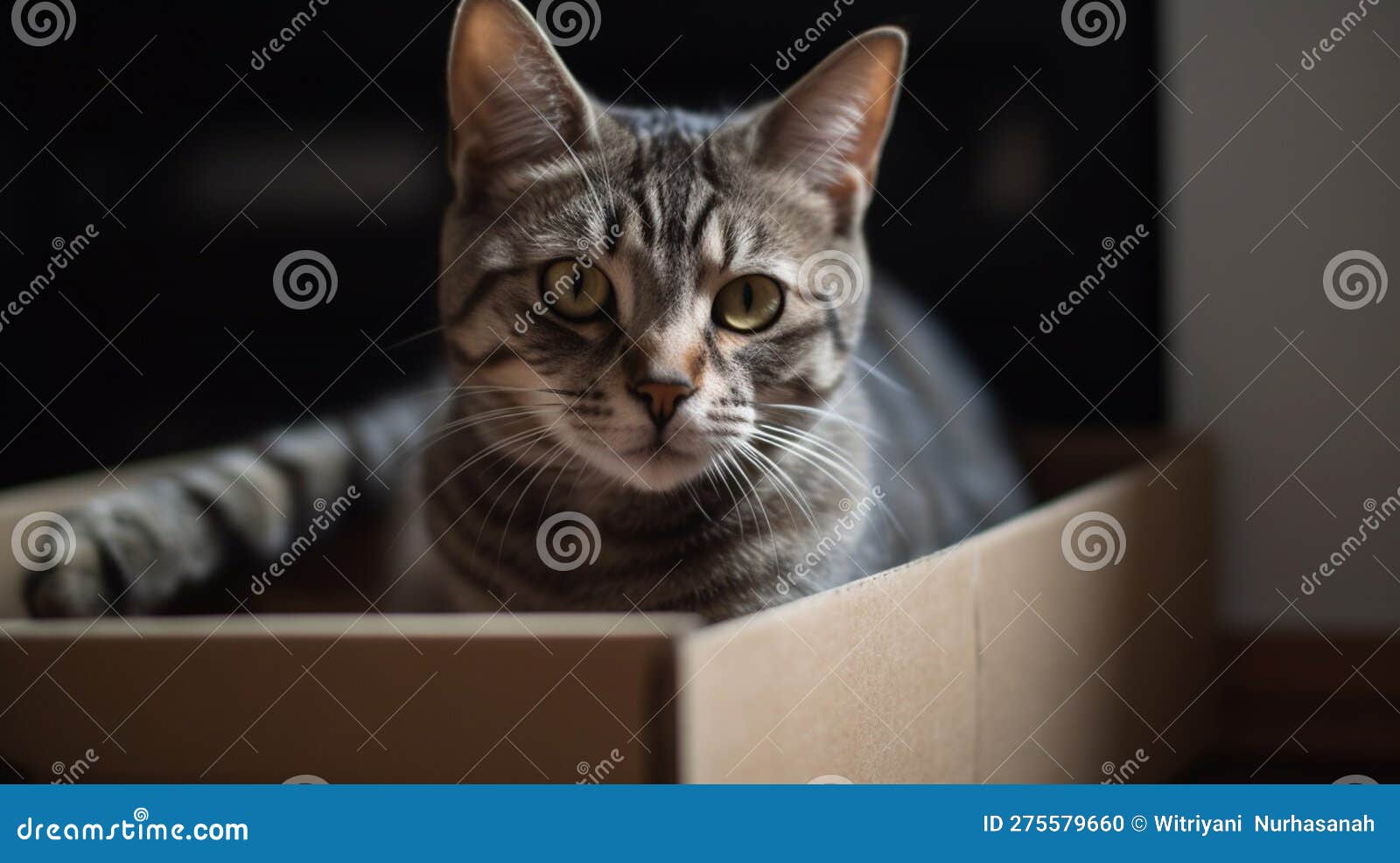 Cute Grey Tabby Cat in Cardboard Box on Floor at Home. Cardboard Box ...