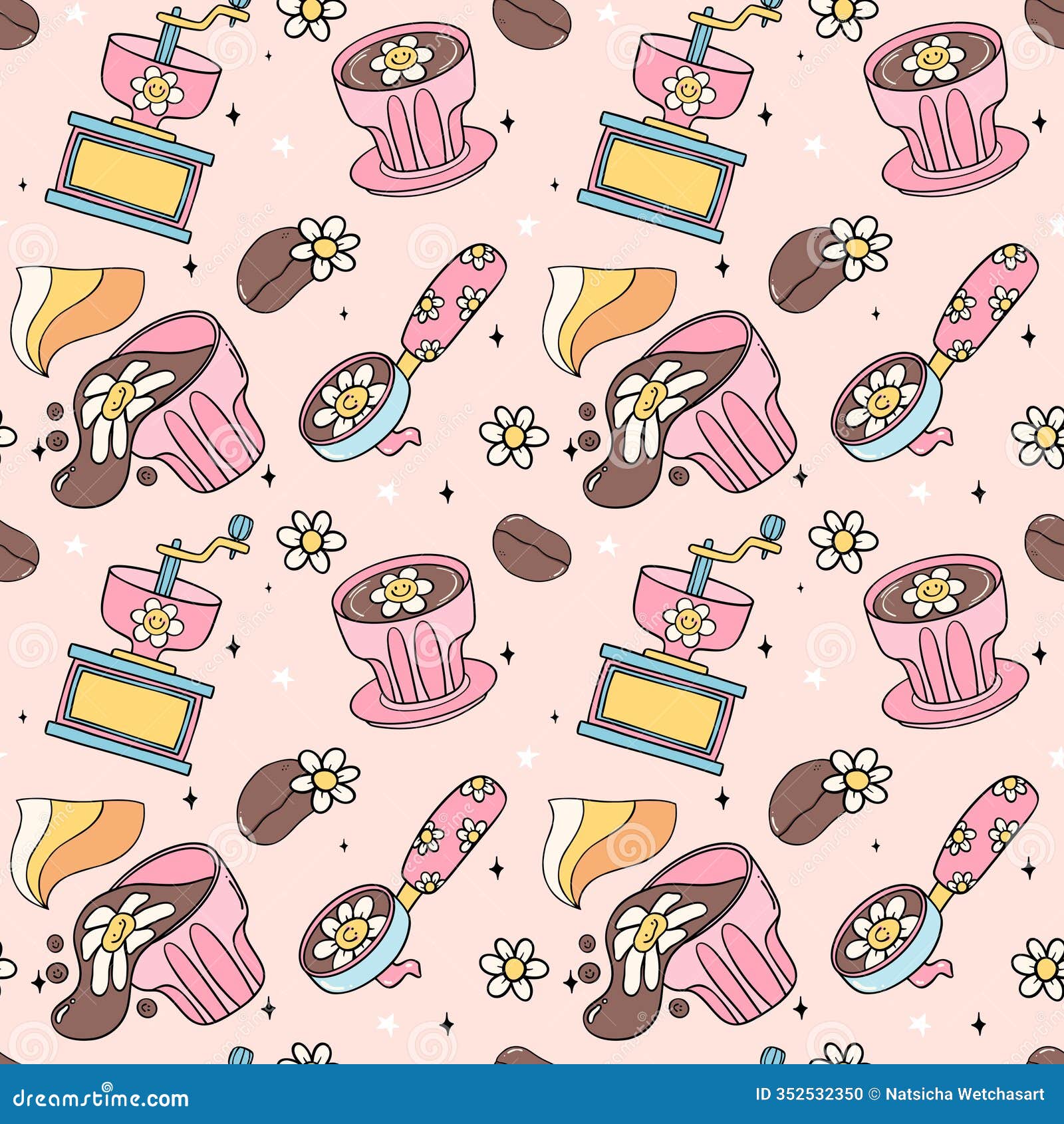 Cute Groovy Retro Coffee Equipment Seamless Pattern Isolated on ...