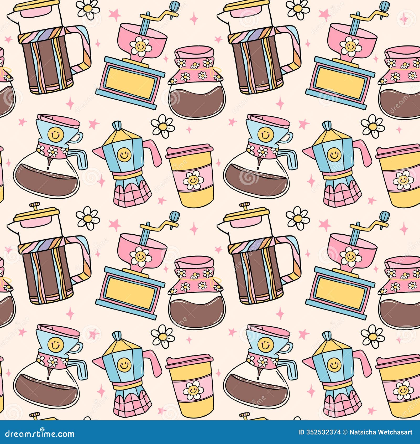 Cute Groovy Retro Coffee Specialty Seamless Pattern Isolated on ...