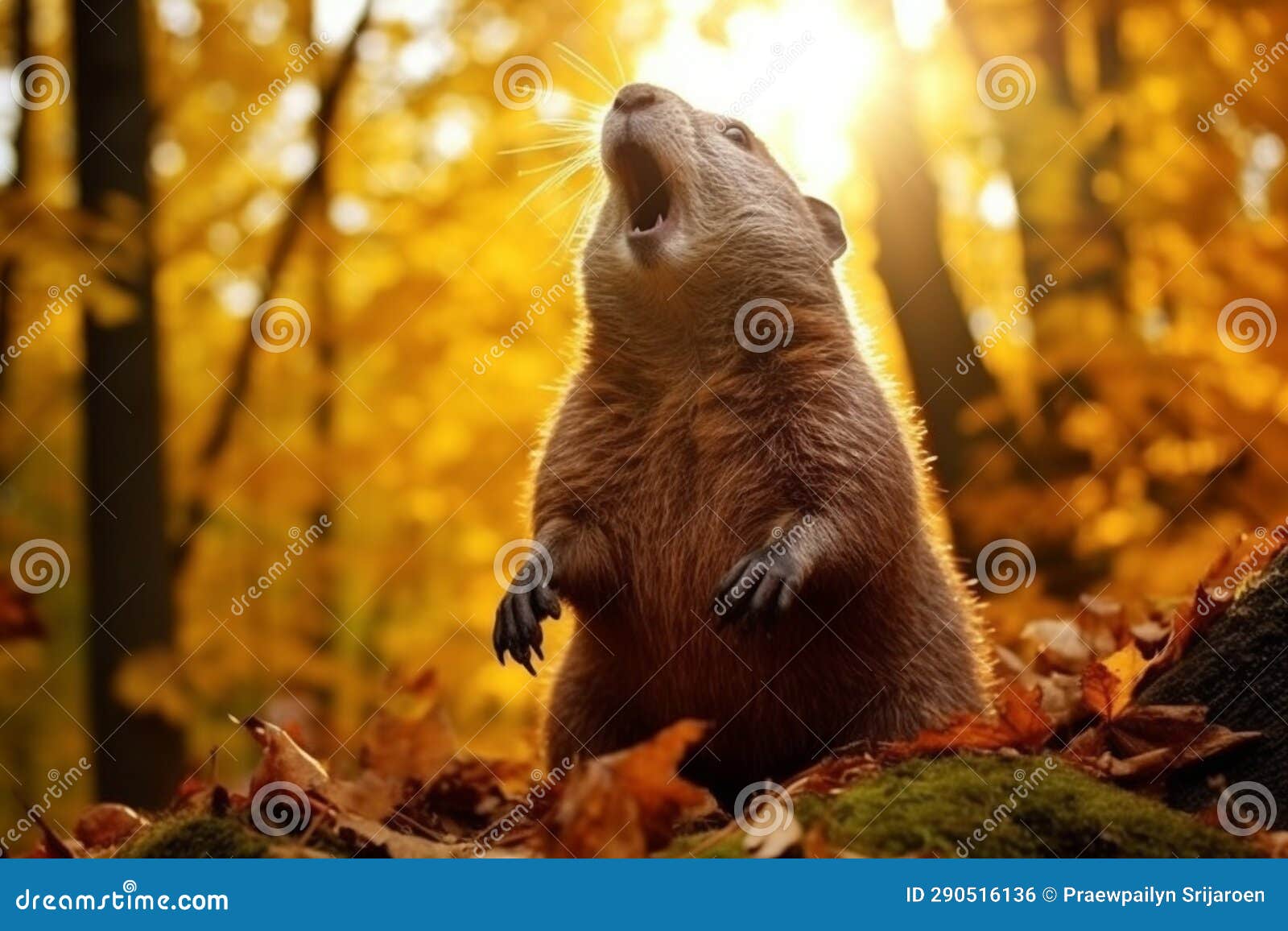 Cute Groundhogs in the Autumn Forest with Autumn Leaves Stock Photo ...
