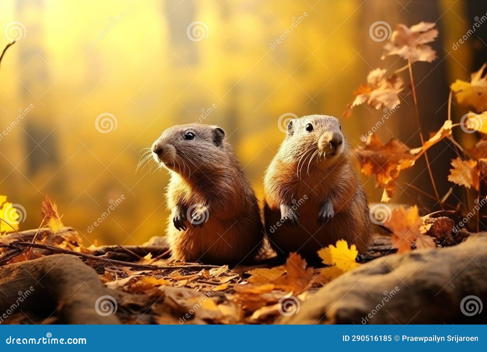 Cute Groundhogs in the Autumn Forest with Autumn Leaves Stock ...