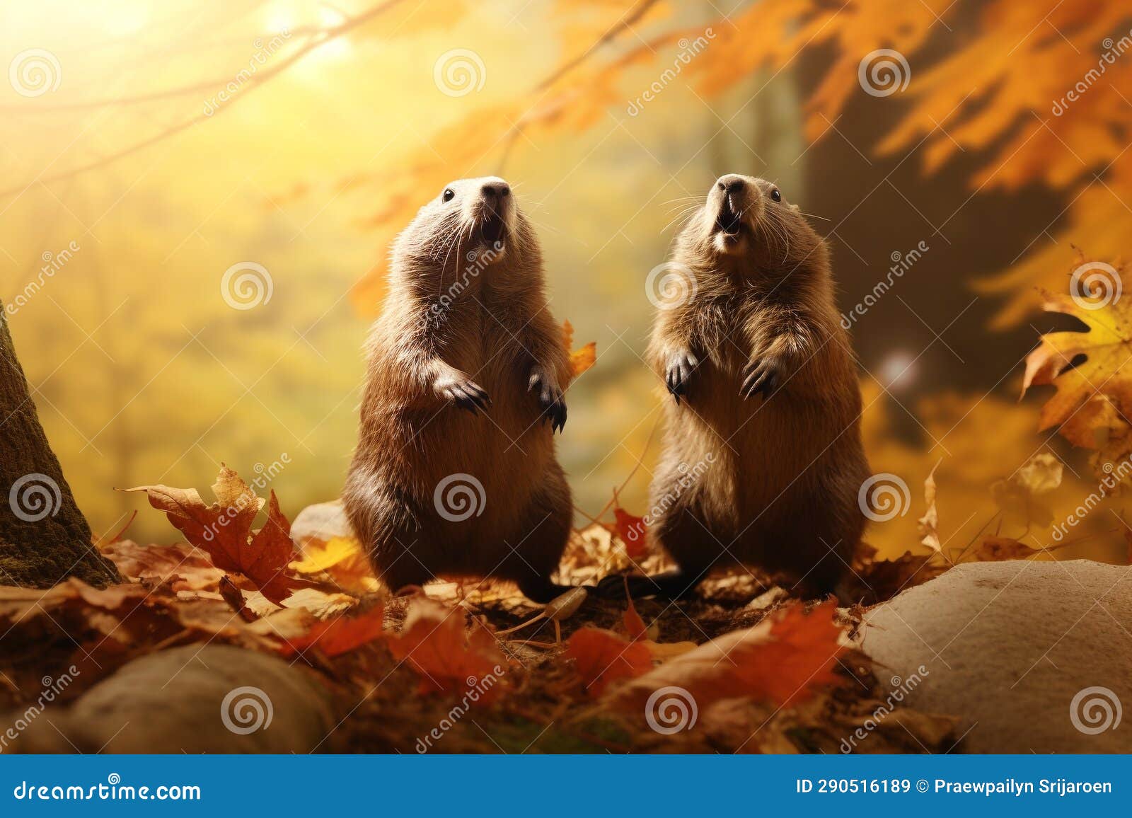 Cute Groundhogs in the Autumn Forest with Autumn Leaves Stock Image ...