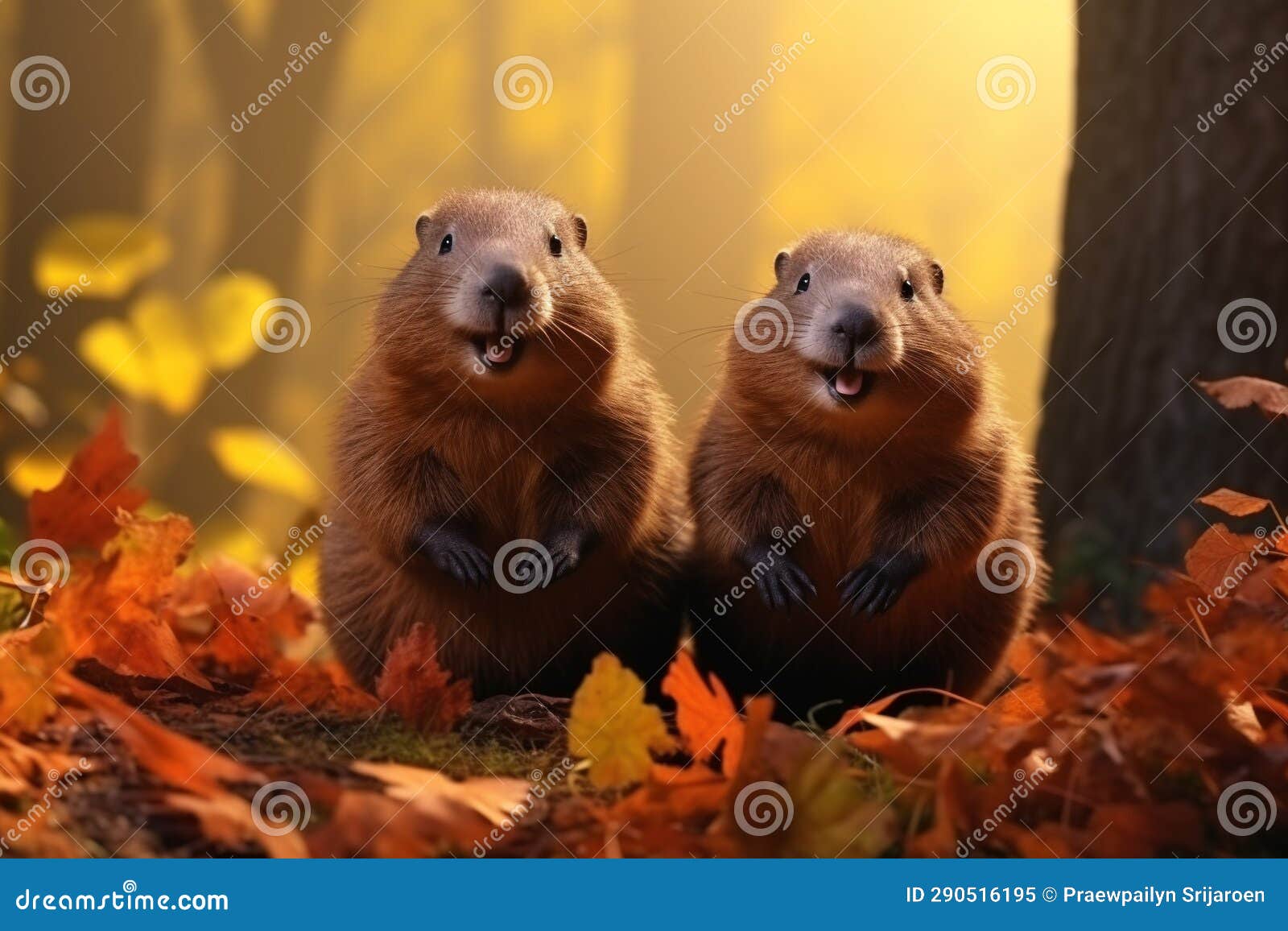Cute Groundhogs in the Autumn Forest with Autumn Leaves Stock Image ...