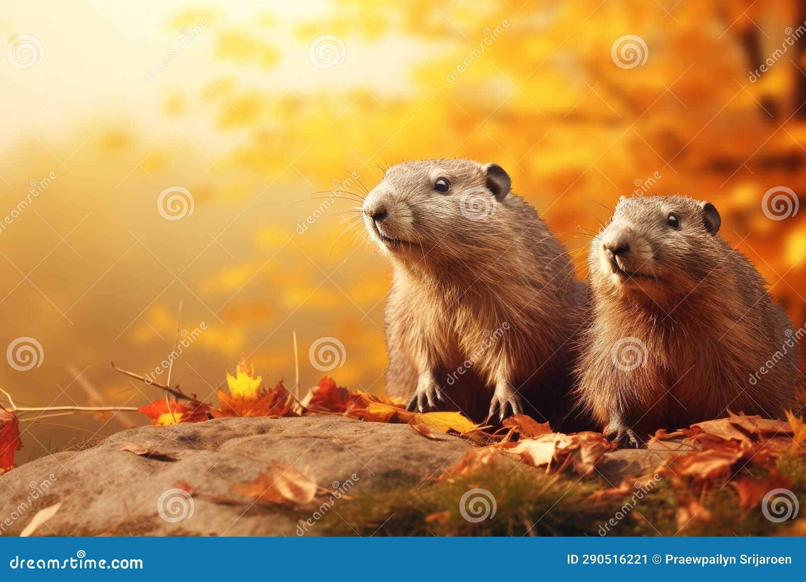 Cute Groundhogs in the Autumn Forest with Autumn Leaves Stock Image ...