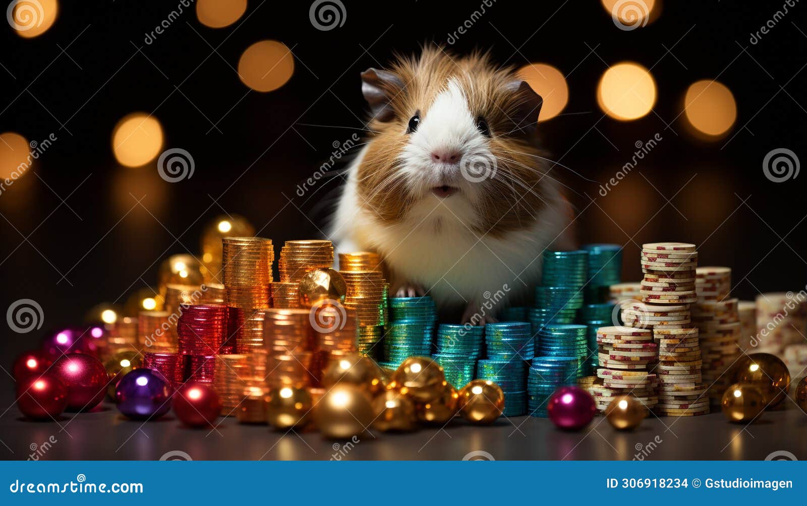 Cute Guinea Pig Sitting on Table, Looking at Gold Stack Generated by AI ...