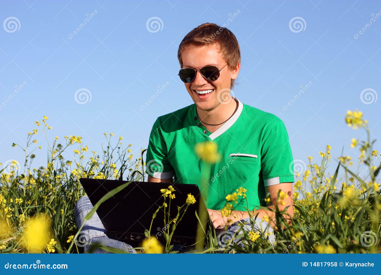 Cute Guy on the Field with a Laptop Stock Photo - Image of education ...