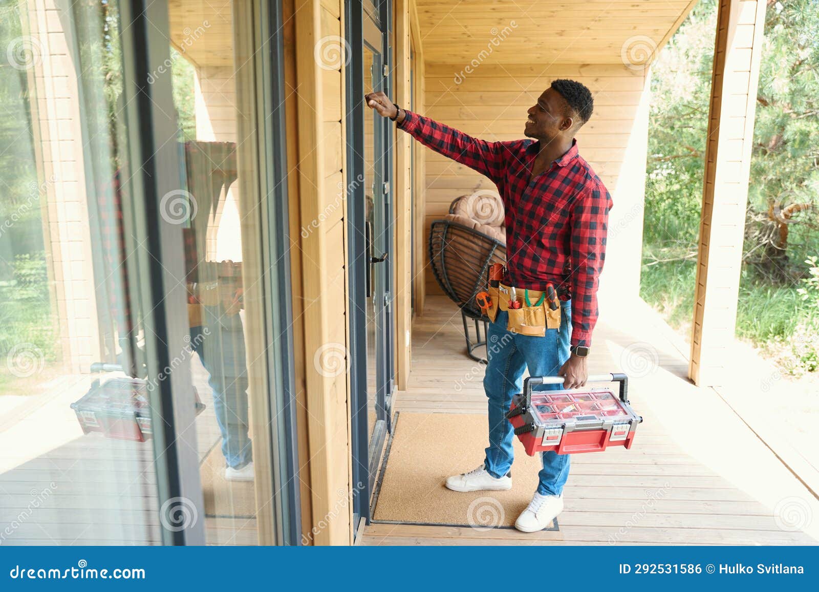 Cute Guy with Work Tools is Knocking on the Door Stock Photo - Image of ...