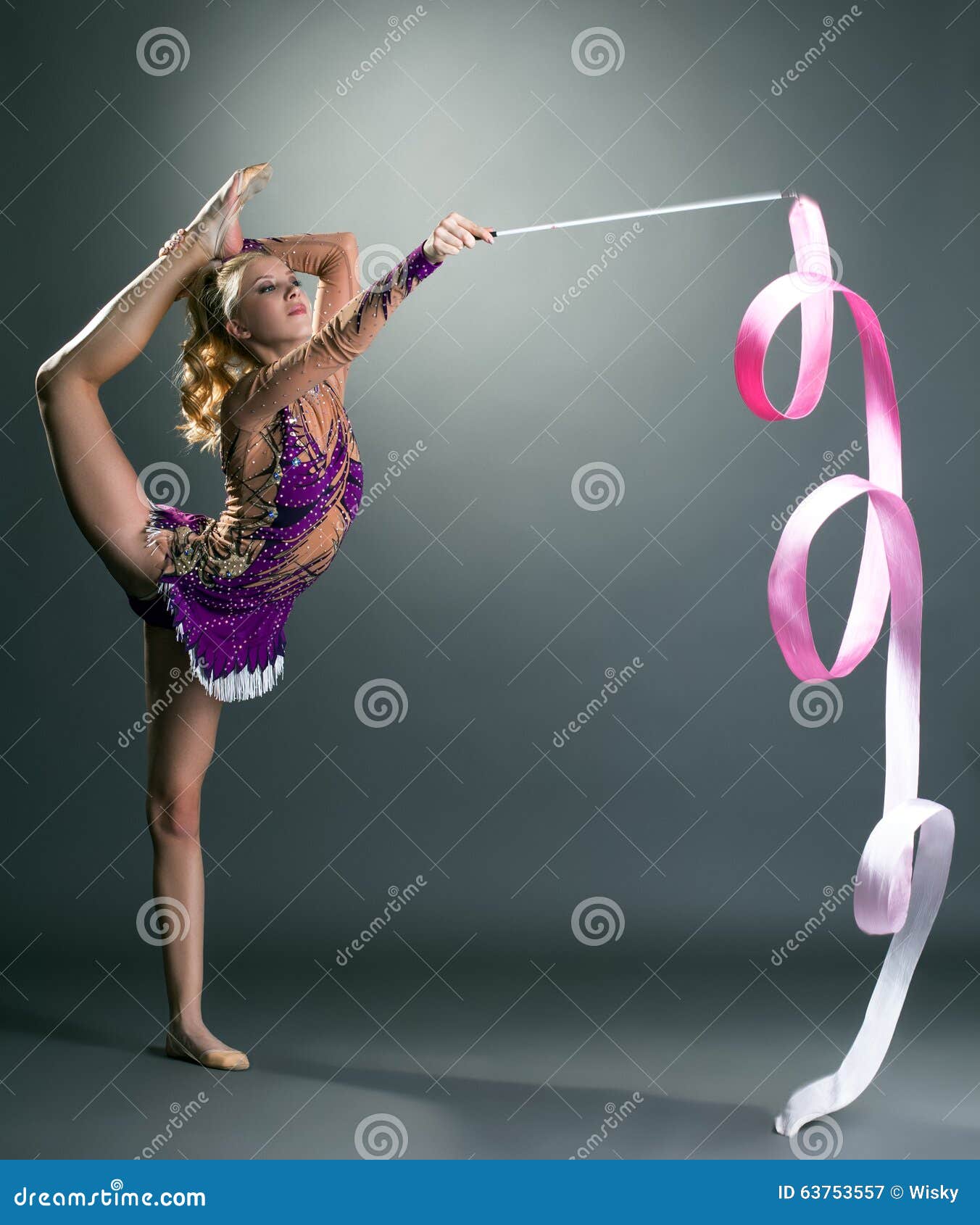 Cute Gymnast Dancing with Ribbon, on Gray Backdrop Stock Image - Image ...