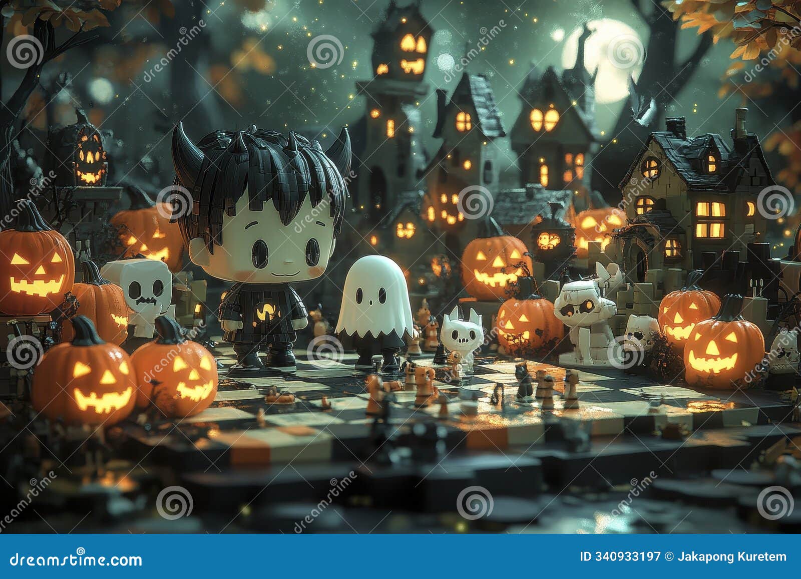 Cute Halloween Chess Characters: Fluffy Ghost Queens and Pumpkin Pawns ...