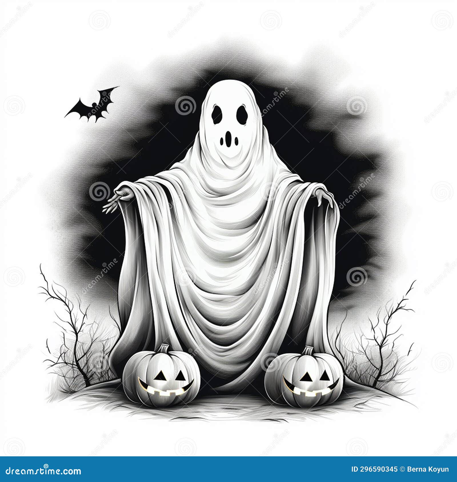 Cute Halloween Ghost Drawing with a Cat Stock Illustration ...