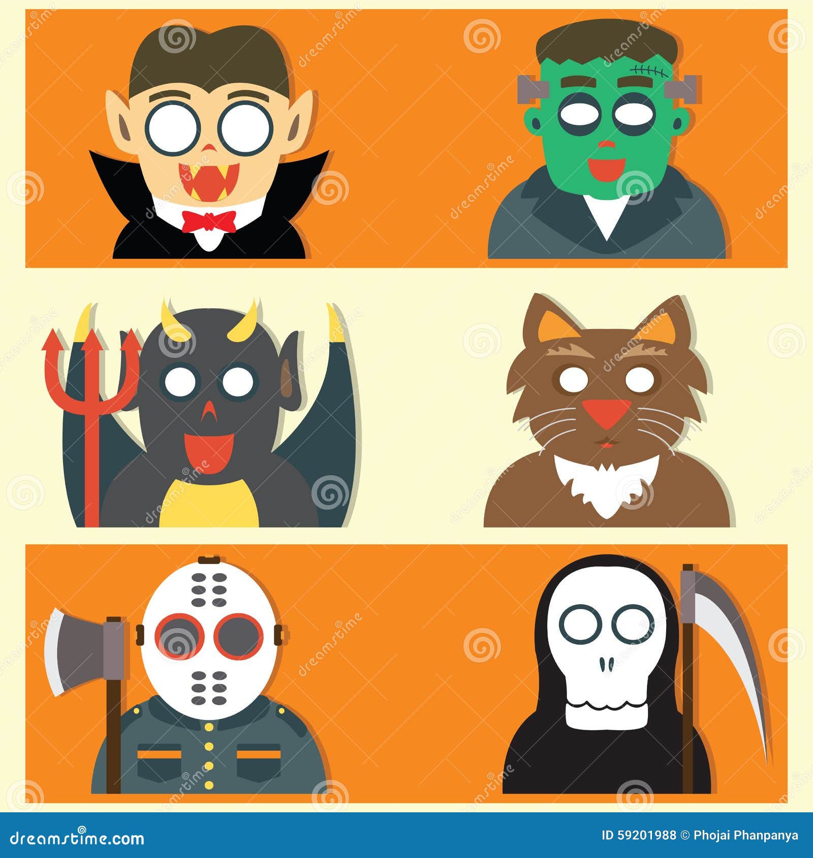 Cute Halloween Monsters Flat Cartoon Stock Vector - Illustration of ...