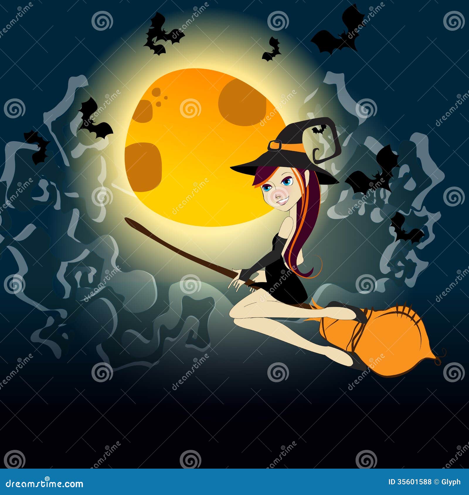Cute Halloween Witch Flying in Front of a Full Moo Stock Vector ...