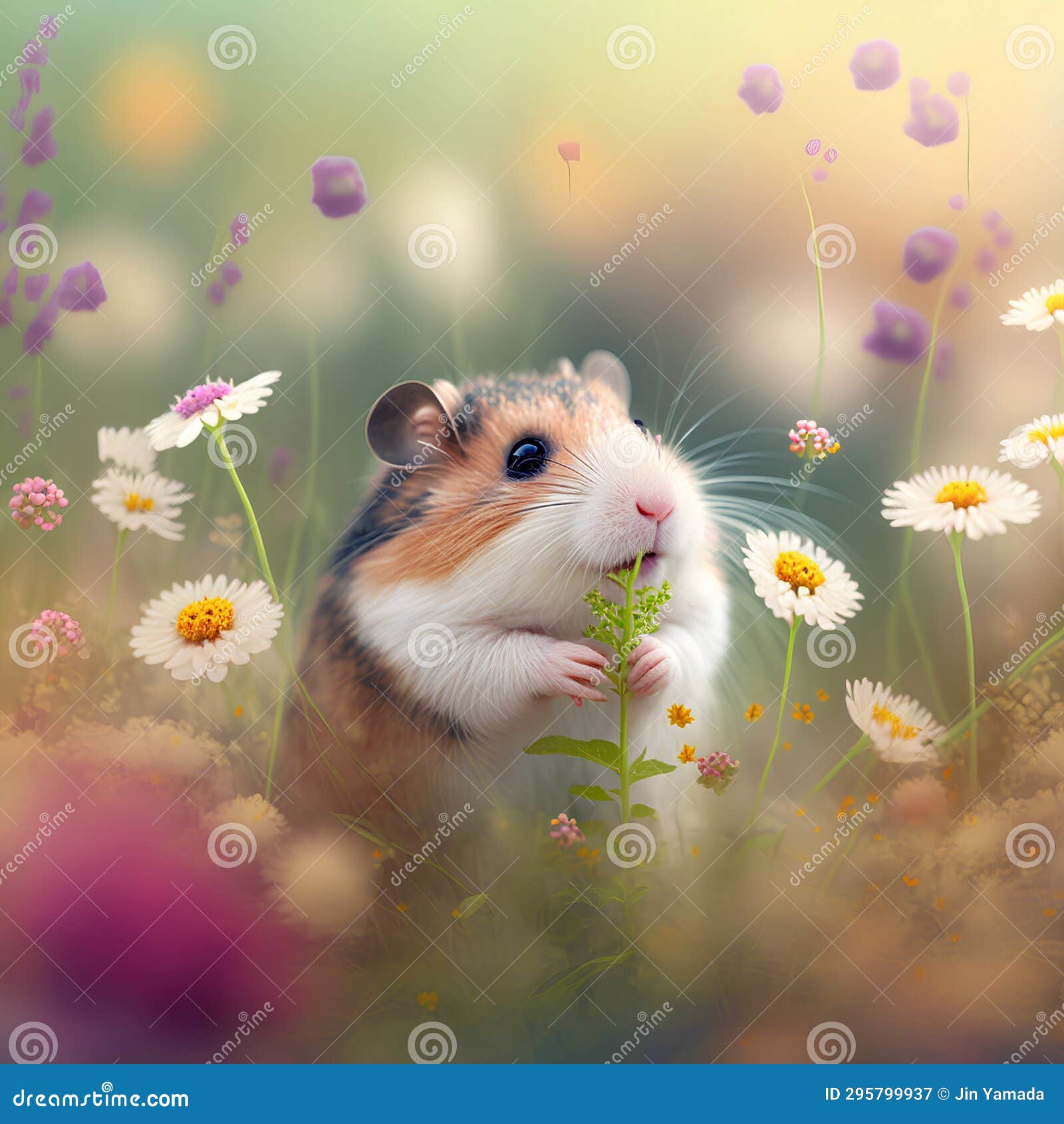 Cute Hamster with Daisy Flower in the Meadow. Stock Illustration ...