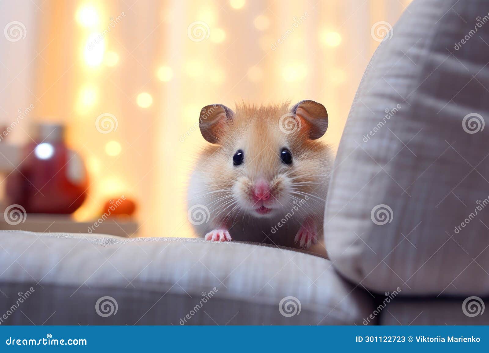 Cute Hamster Sitting on Sofa at Home, Close Up Stock Illustration ...