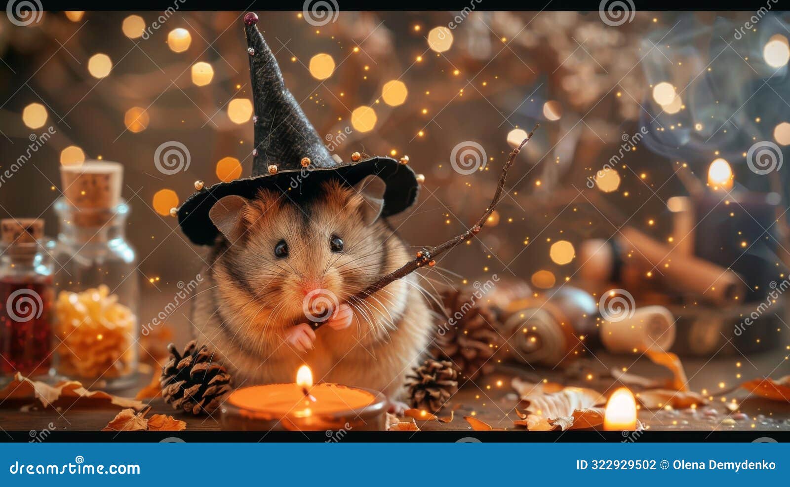 A Cute Hamster in a Wizard Costume with a Pointed Hat Sits on a Table ...