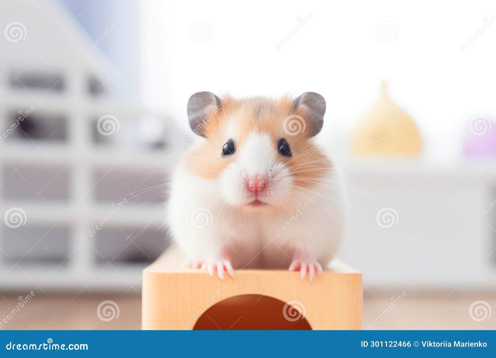 Cute Hamster on Wooden Cube in Room, Close Up View Stock Illustration ...