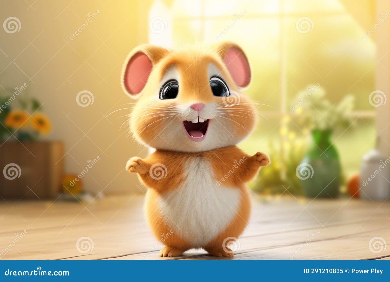Cute Hamster on Wooden Floor in Room. Space for Text Stock Illustration ...