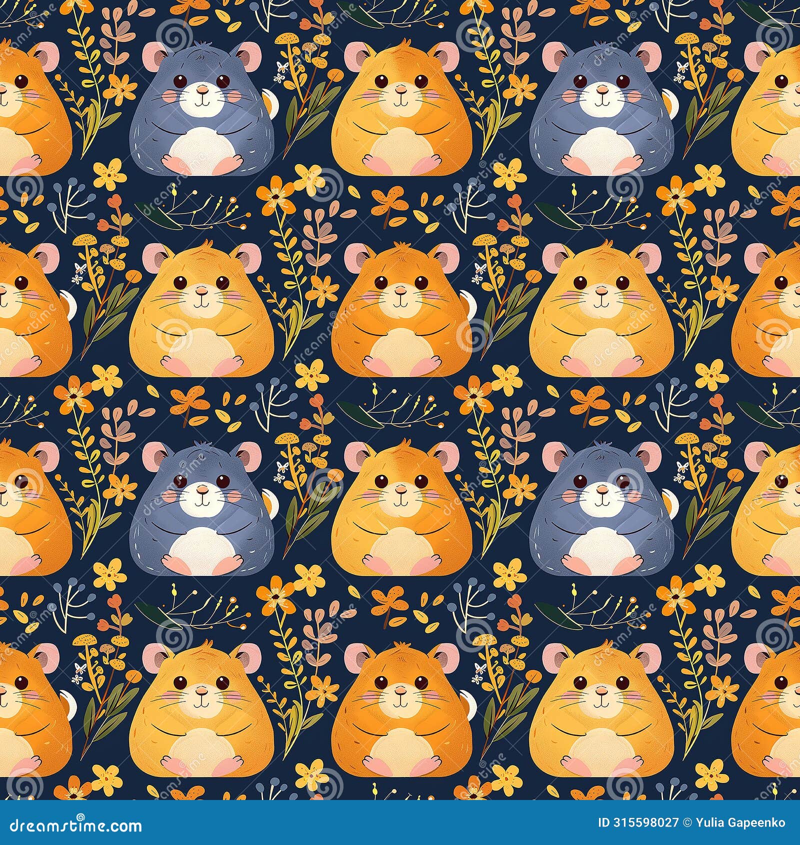 Cute Hamsters Surrounded by Floral Elements Pattern Stock Image - Image ...