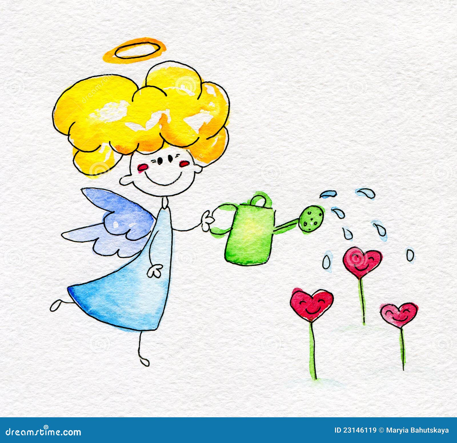 Cute Hand-drawn Angel Watering the Flowers Stock Illustration ...