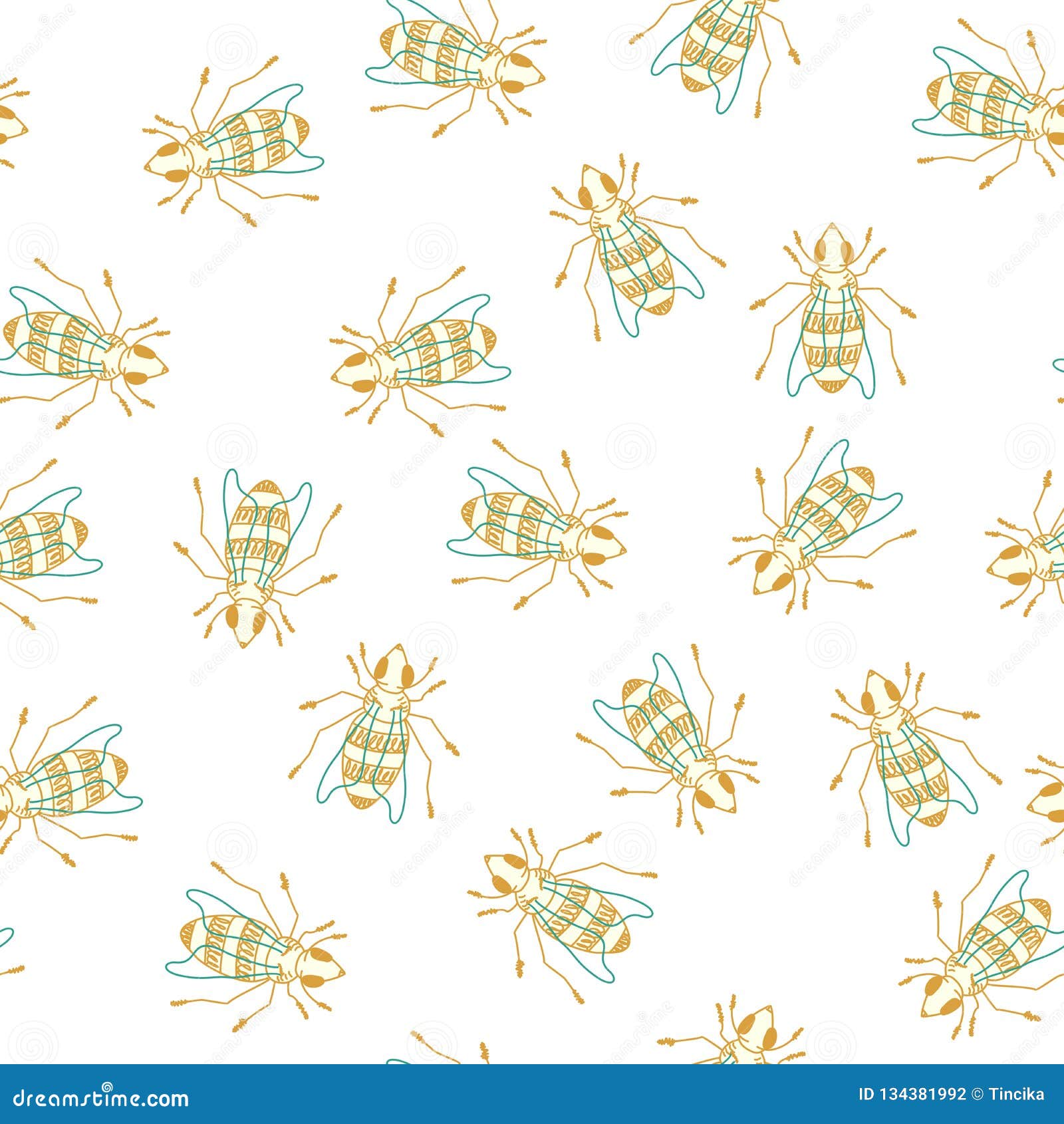 Cute Hand Drawn Bees, Color Line Art on White Background. Vector ...