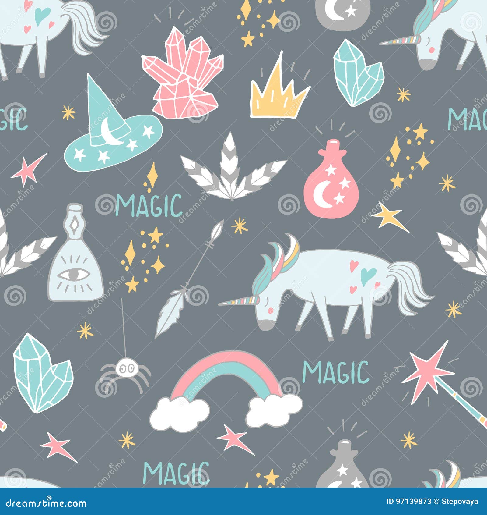 Cute Hand Drawn Cartoon Seamless Pattern with Unicorns, Crystals and ...