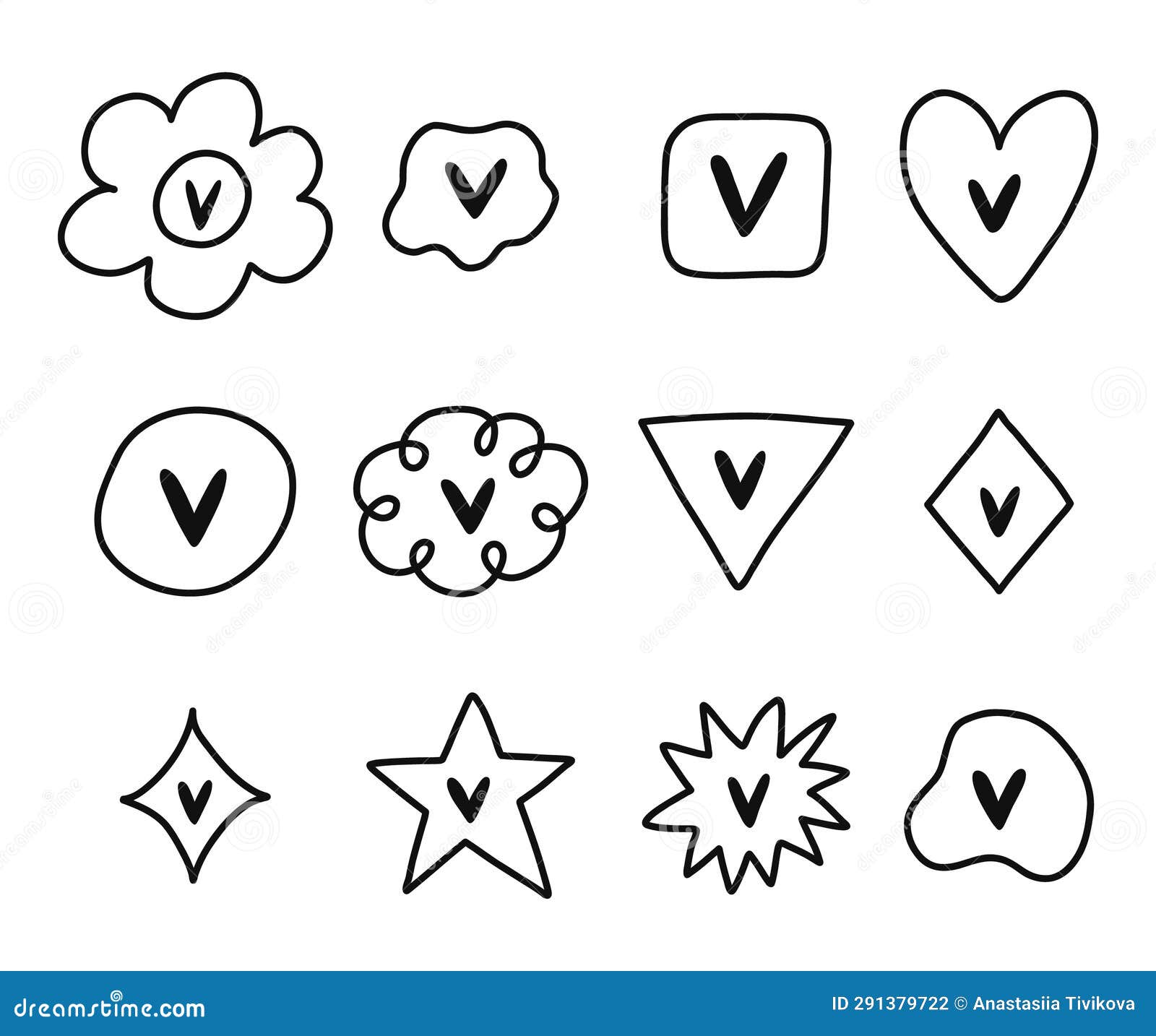 Cute Hand Drawn Check Mark Set. Diary Note Elements with Checkboxes in ...