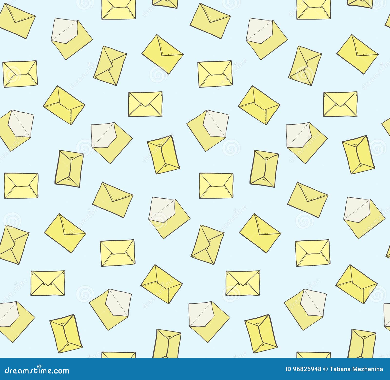 Cute Hand Drawn Closed and Opened Yellow Envelopes on Blue Background ...