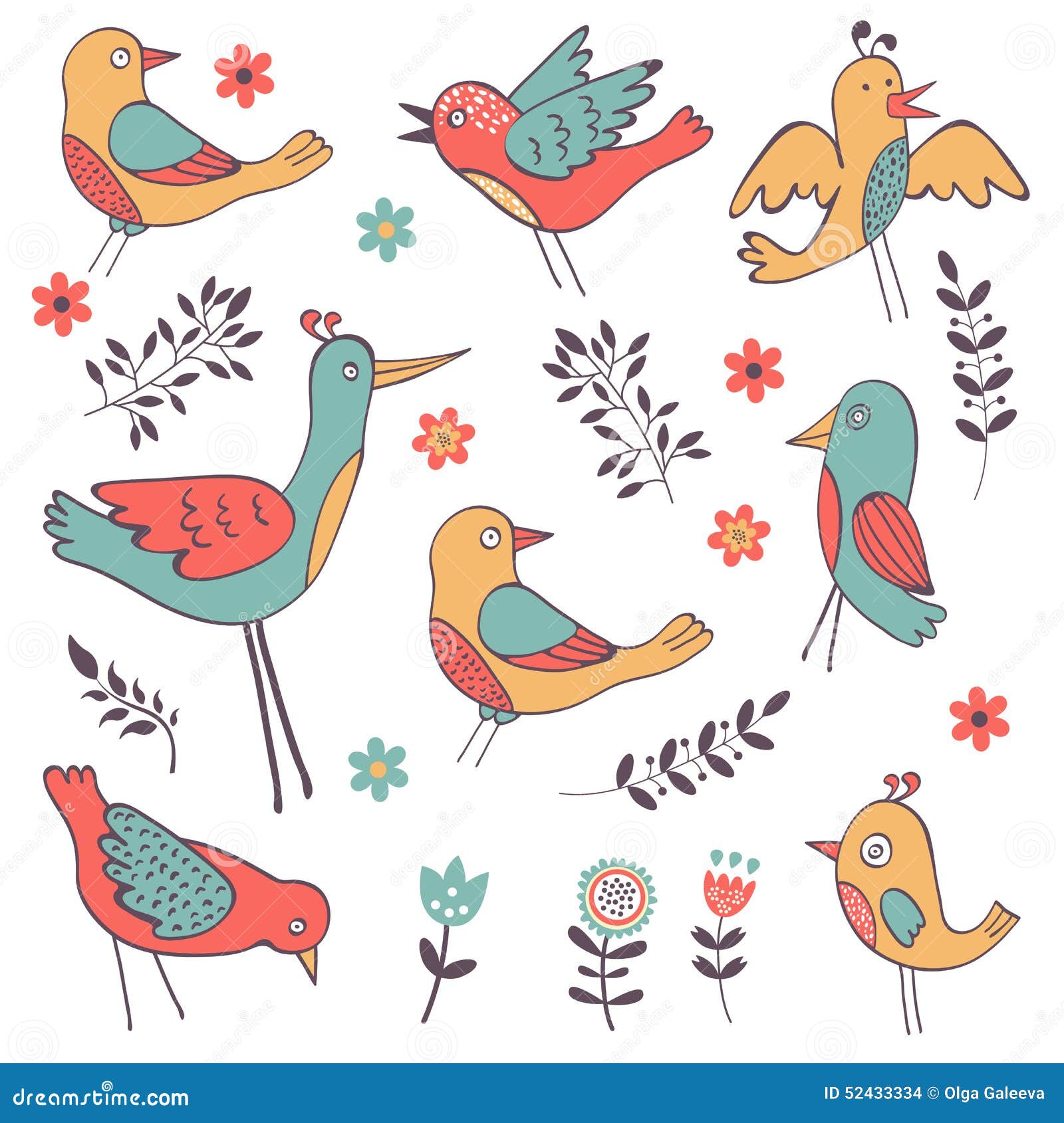 Cute Hand Drawn Colorful Birds Collection Stock Vector - Illustration ...