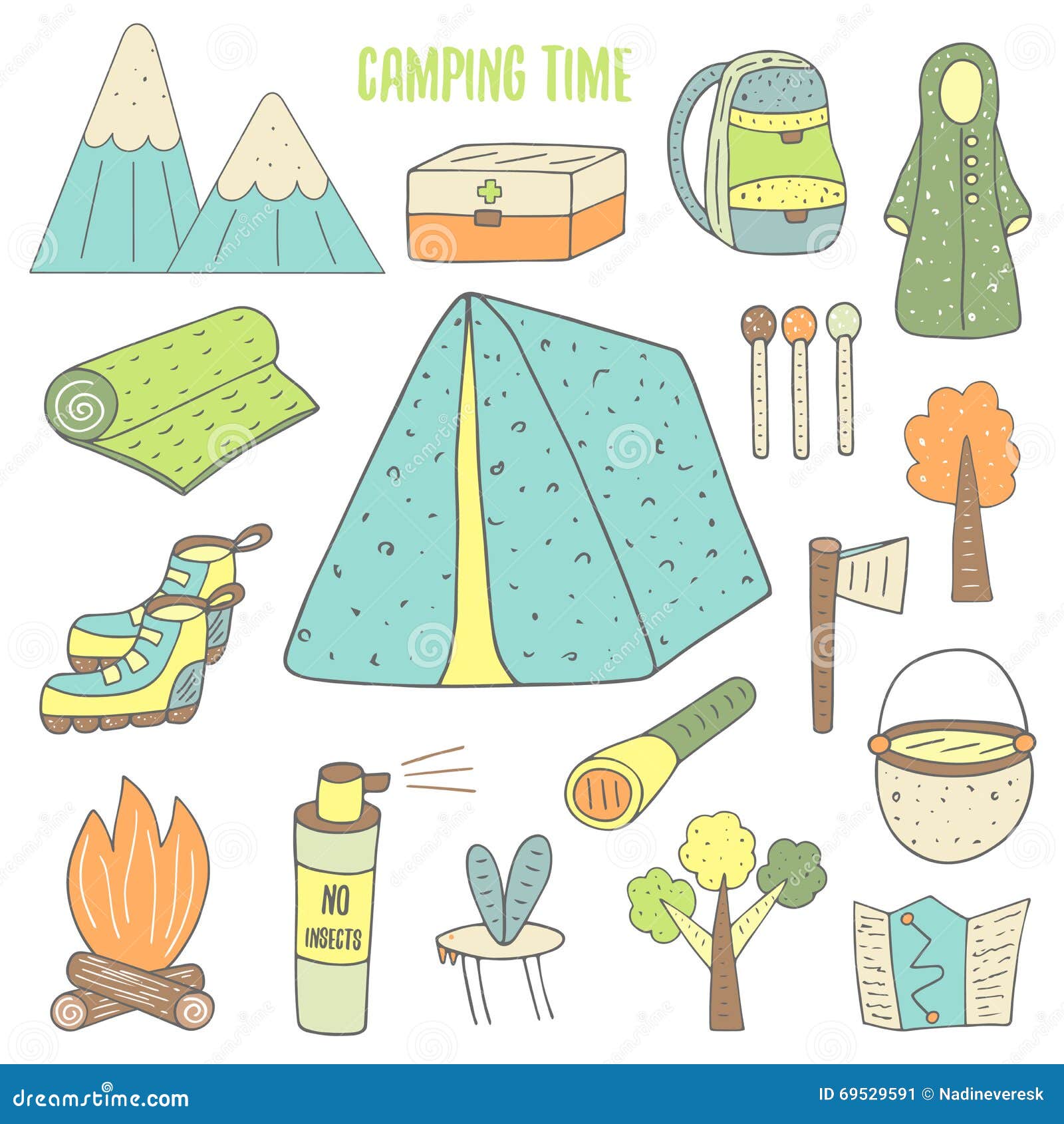 Cute Hand Drawn Doodle Camping Objects Stock Vector - Illustration of ...