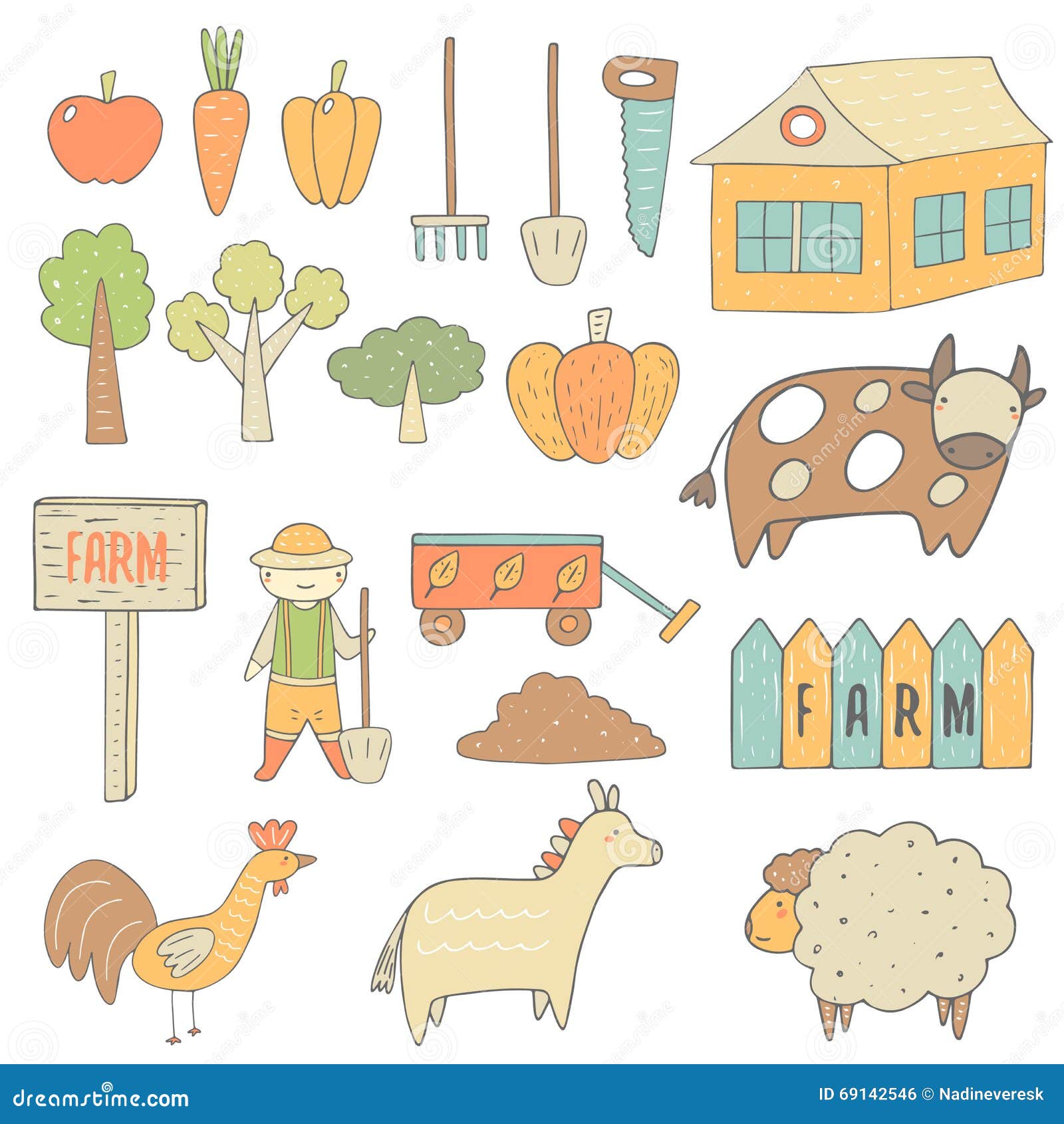 Doodle Farm Animals Characters. Animal Farms, Cartoon Calf, Goat And ...