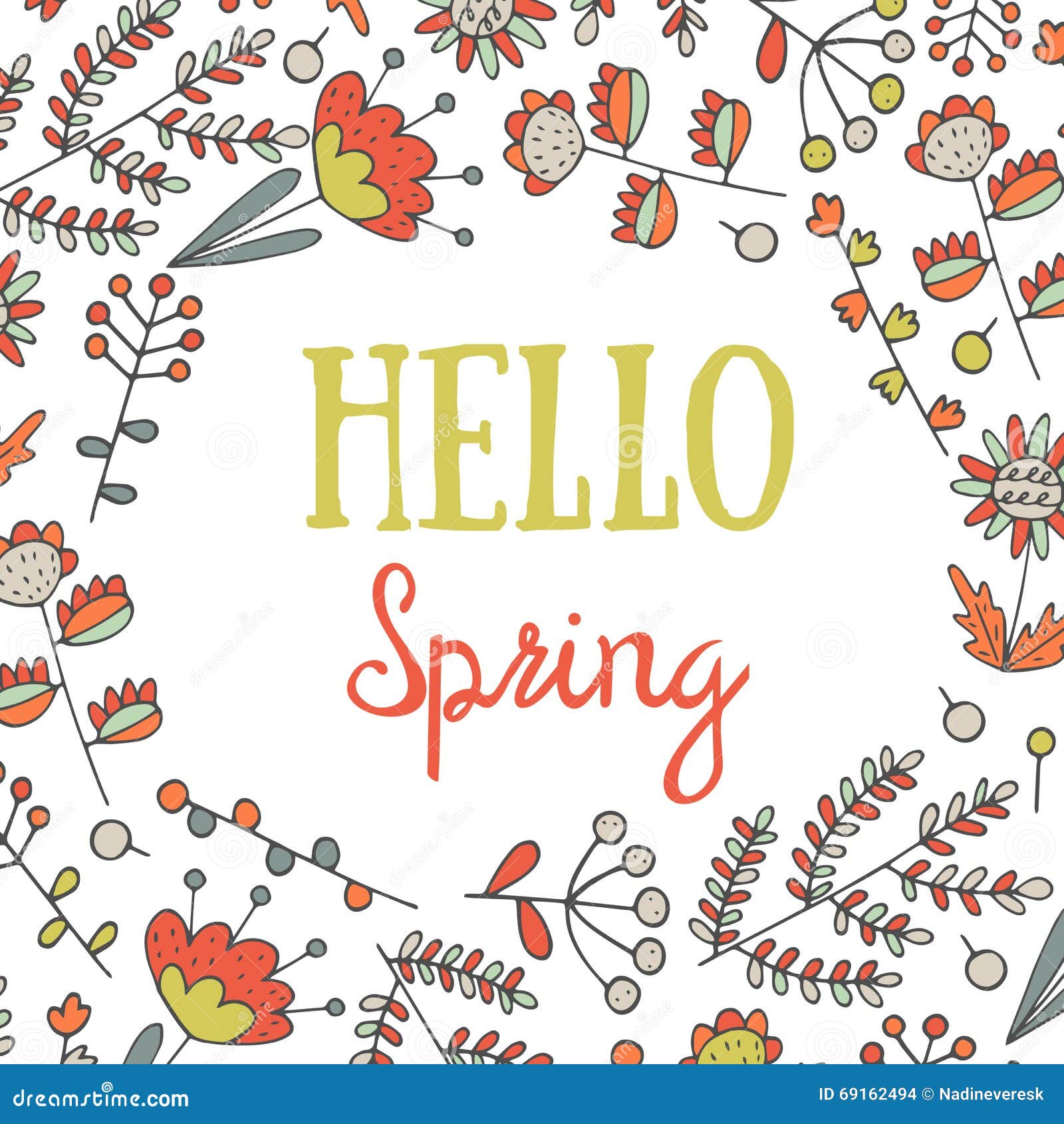 Cute Hand Drawn Doodle Hello Spring Postcard. Stock Vector ...