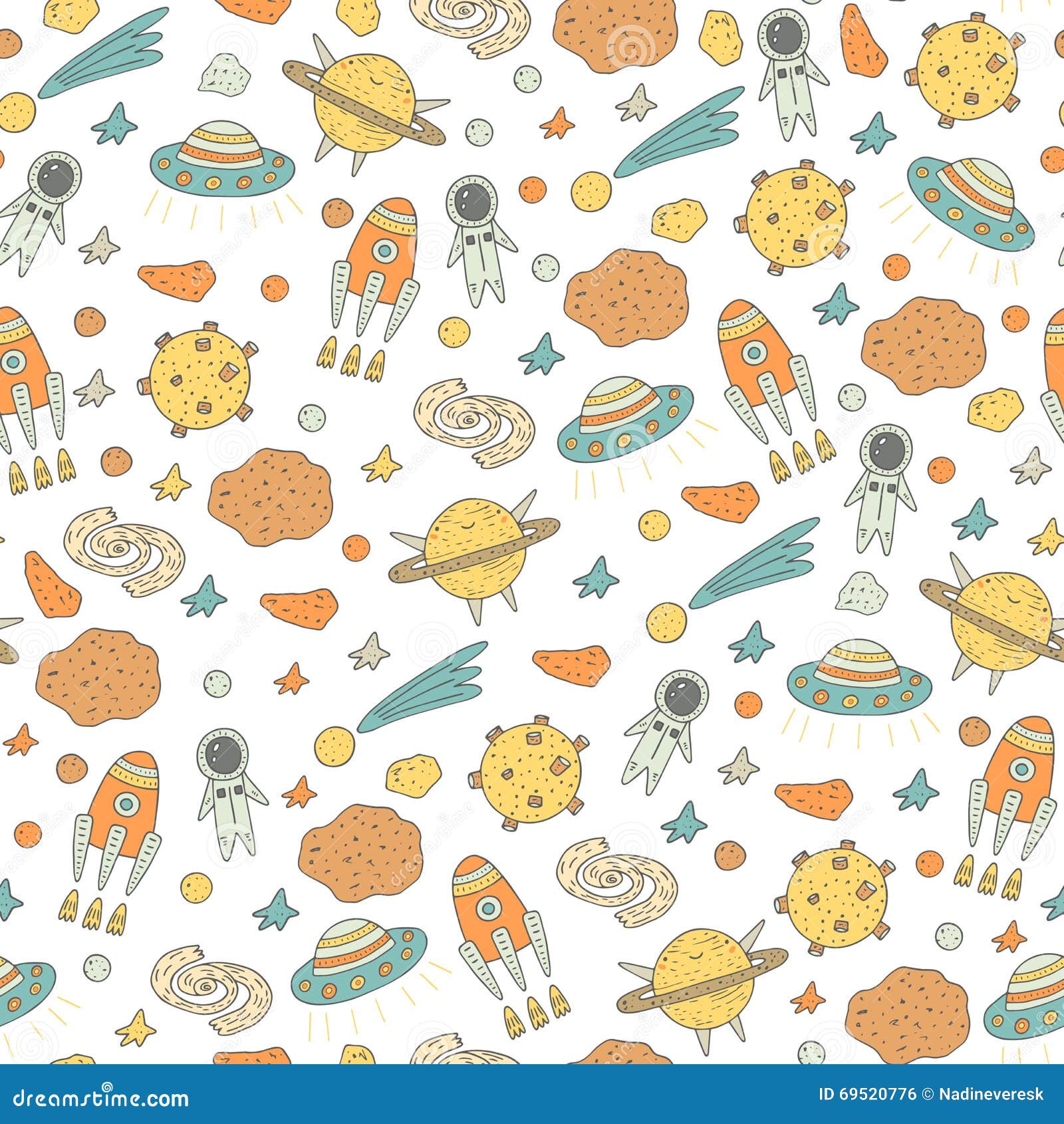 Cute Hand Drawn Doodle Seamless Pattern with Cosmic Objects Stock ...