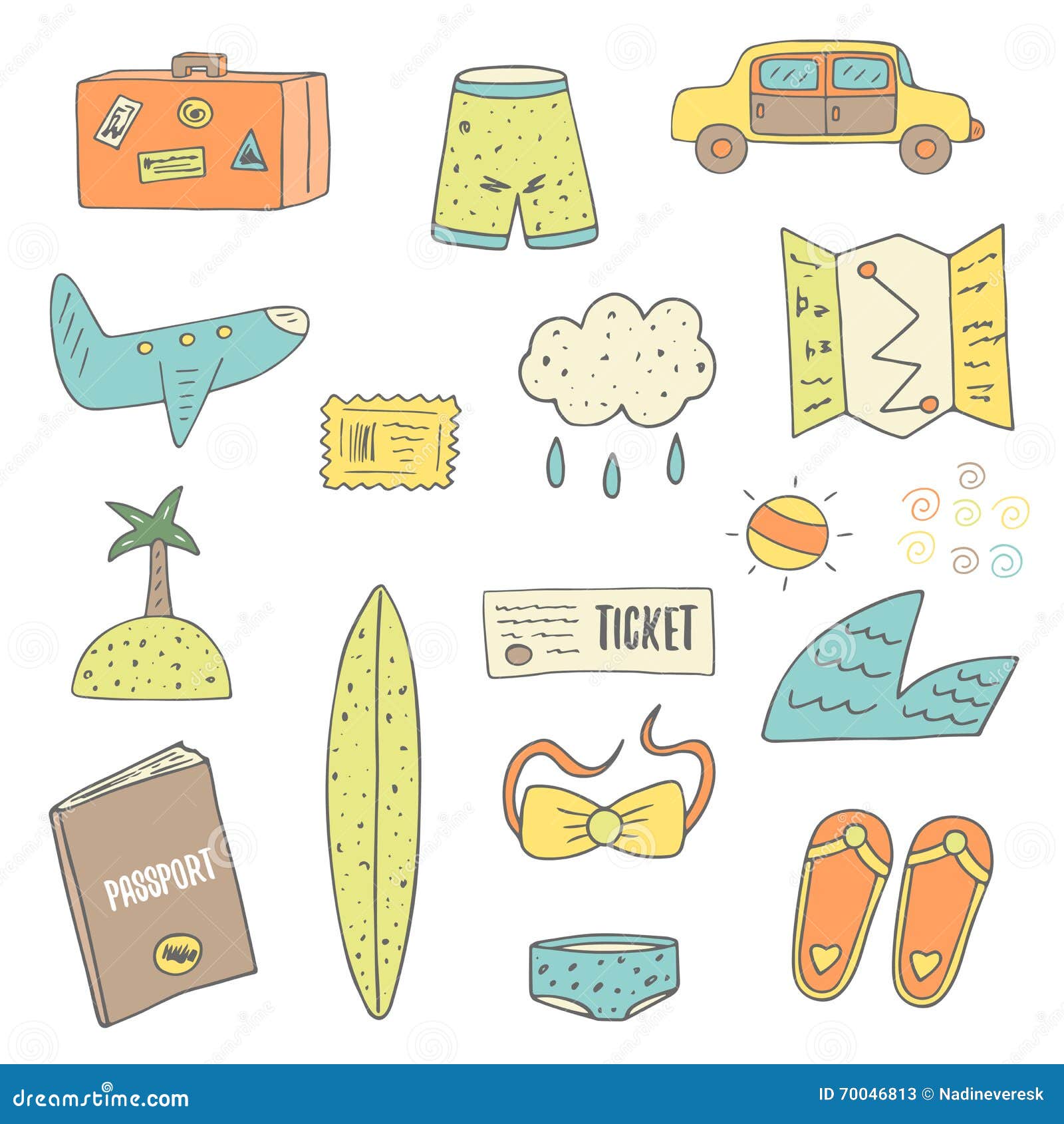 Cute Hand Drawn Doodle Travel Objects Stock Vector - Illustration of ...
