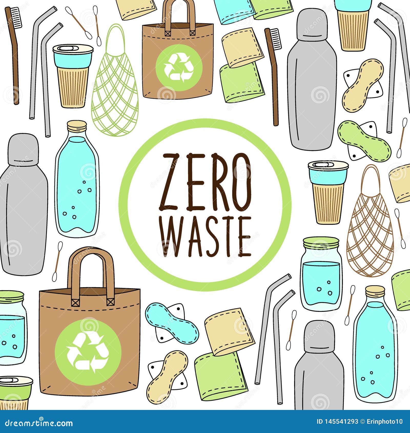 Cute Hand Drawn Elements of No Plastic, Zero Waste Concept, Eco ...