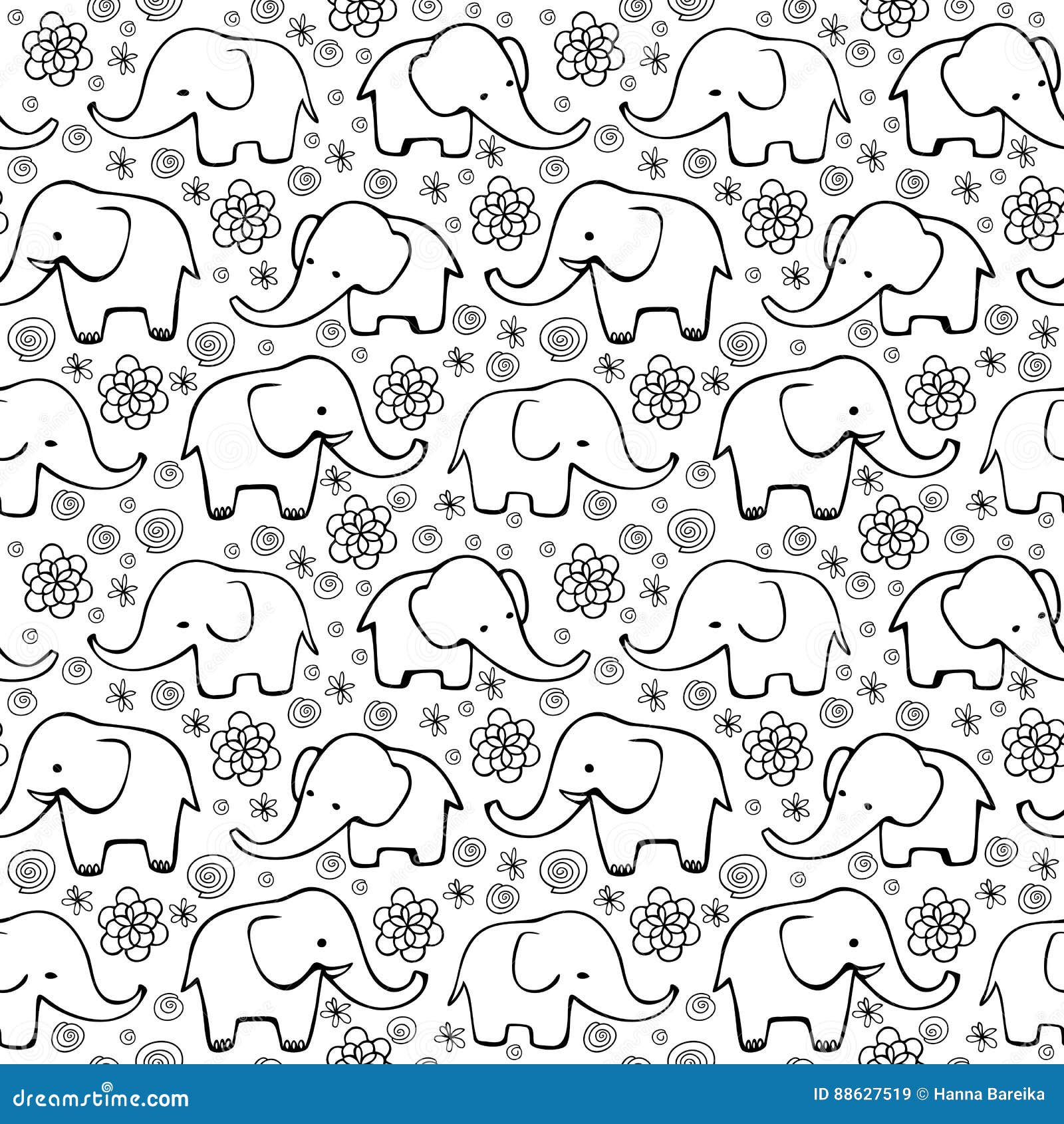 Cute Hand Drawn Elephants. Monochrome Vector Seamless Pattern. Stock ...