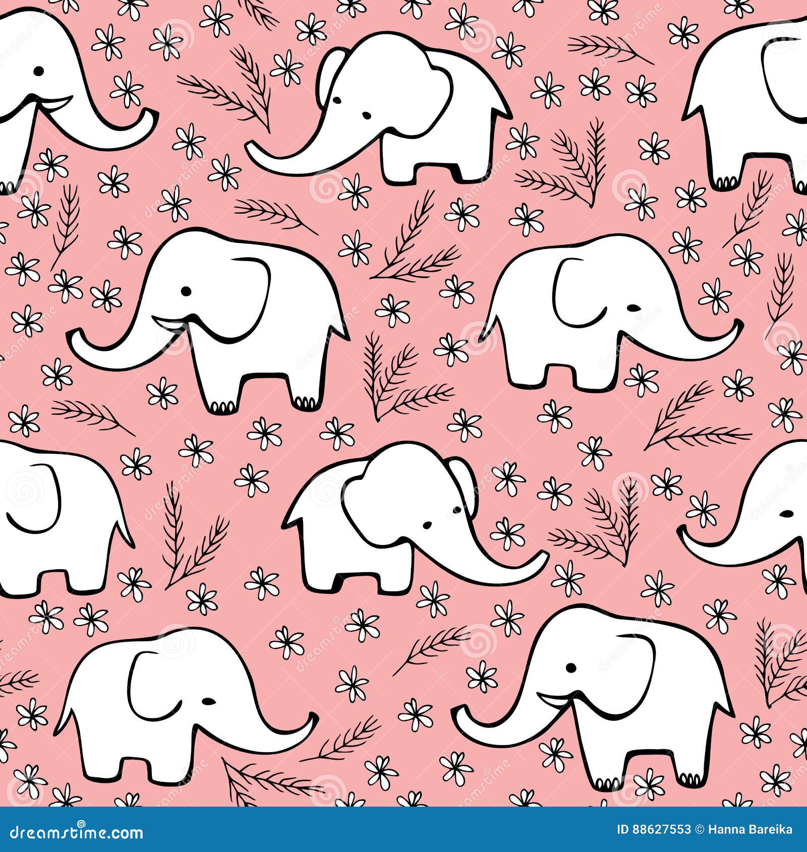 Cute Hand Drawn Elephants. Monochrome Vector Seamless Pattern. Stock ...