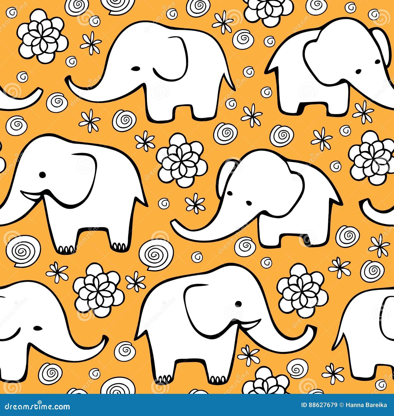 Cute Hand Drawn Elephants. Monochrome Vector Seamless Pattern. Stock ...
