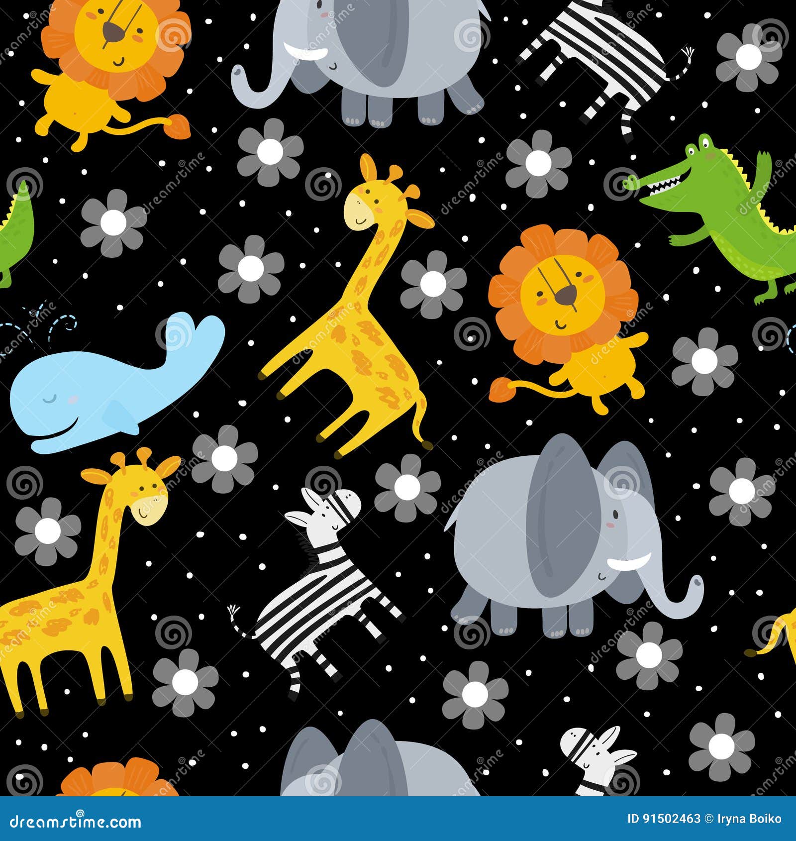 Cute Hand Drawn Funny Animals. Seamless Pattern. Stock Vector ...