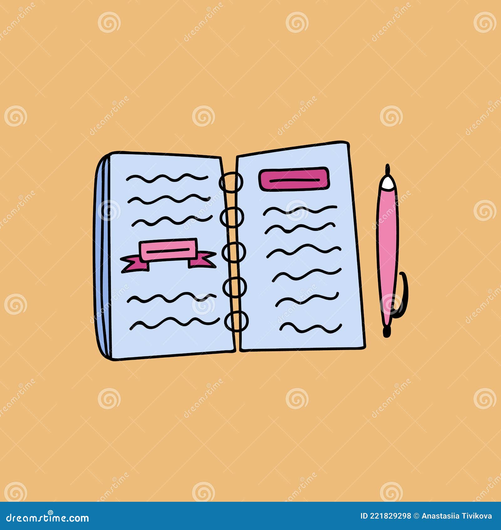 Cute Hand Drawn Isolated Clipart of Open Ring Notebook with Notes and ...