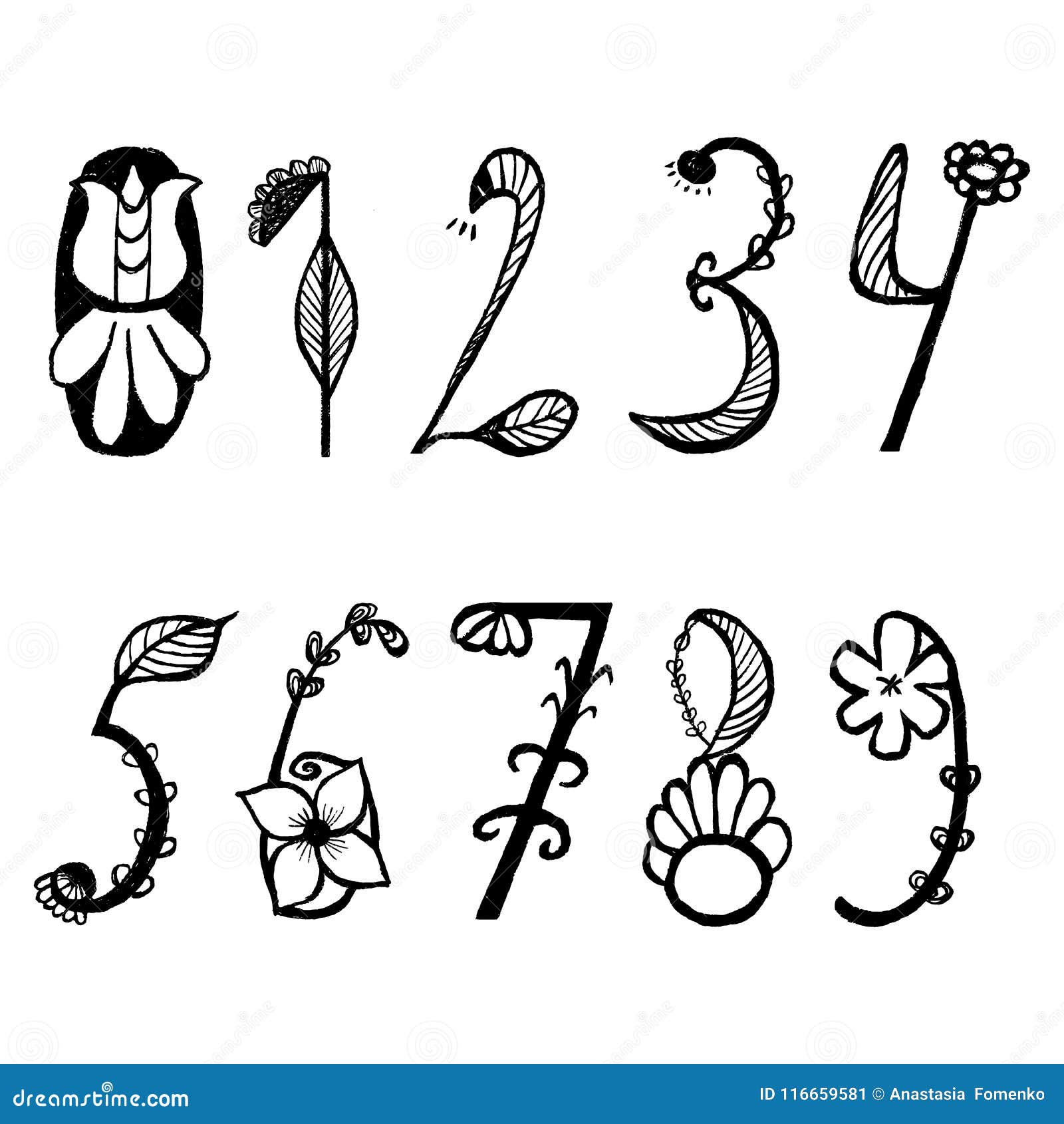 Cute Hand Drawn Numbers in Flower Stylein Vector. Doodle Math Elements ...