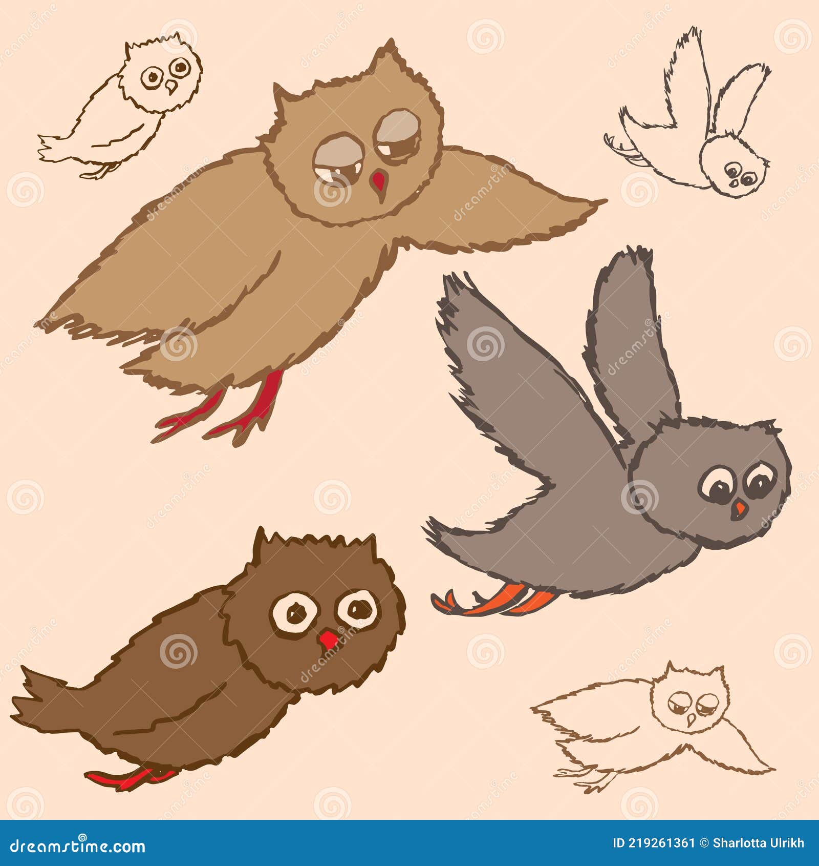 Cute, Brown Flying Hand Drawn Owl Pattern, Vector Illustrations Stock ...