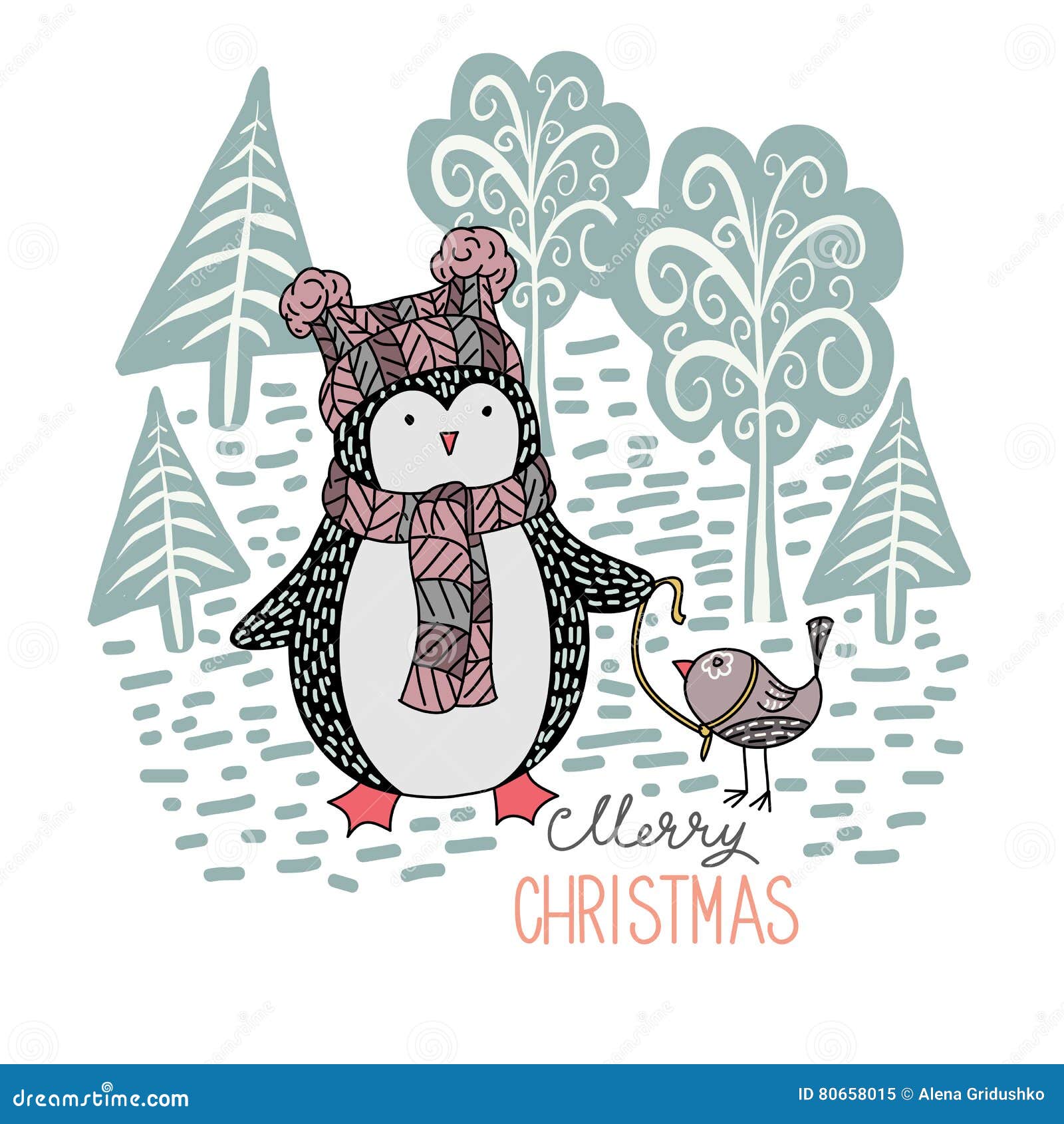 Cute Hand Drawn Penguin with a Little Bird on a Leash in the Winter ... Cute Hand Drawn Penguin with a Little Bird on a Leash in the Winter ...